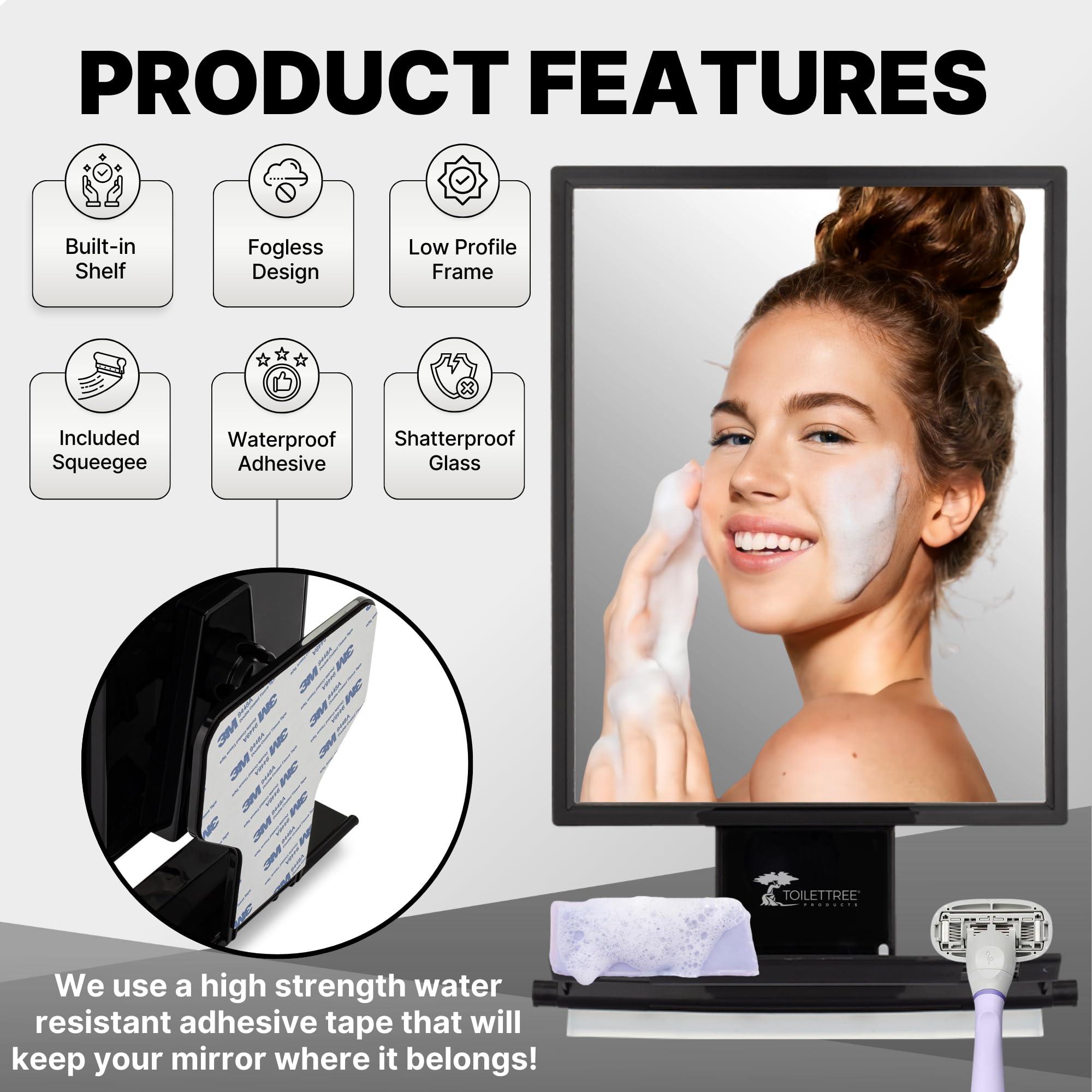 ToiletTree Products Deluxe Larger Fogless Shower Shaving Mirror with Squeegee, Large, Black