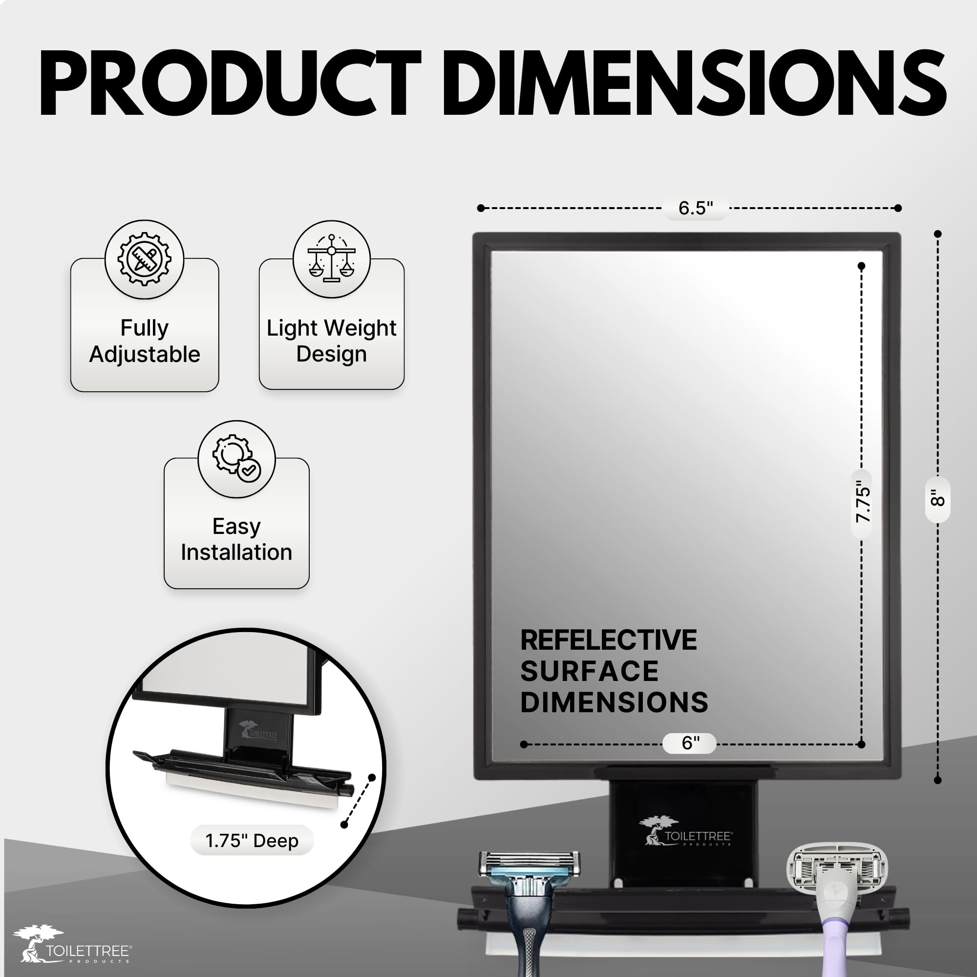 ToiletTree Products Deluxe Larger Fogless Shower Shaving Mirror with Squeegee, Large, Black