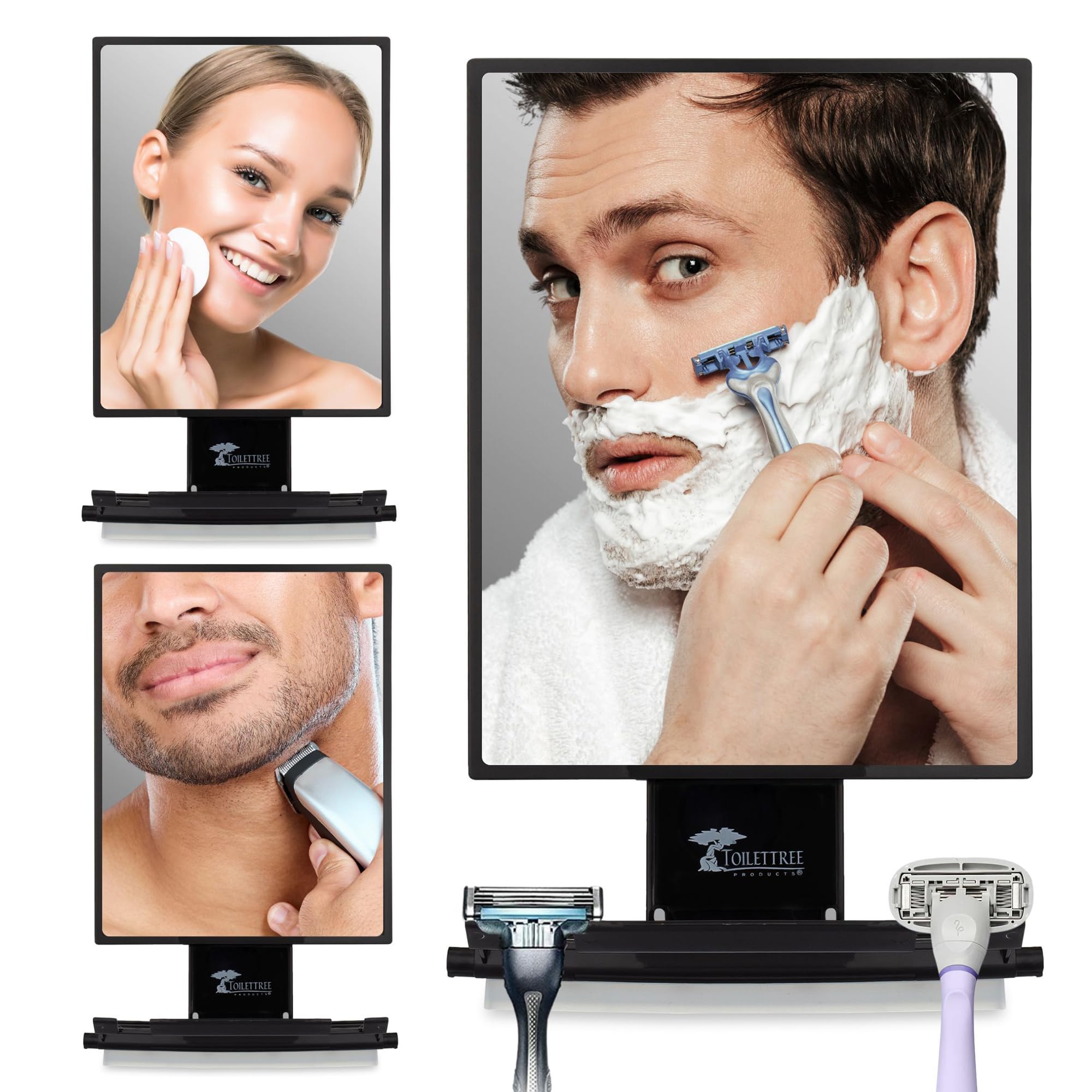 ToiletTree Products Deluxe Larger Fogless Shower Shaving Mirror with Squeegee, Large, Black