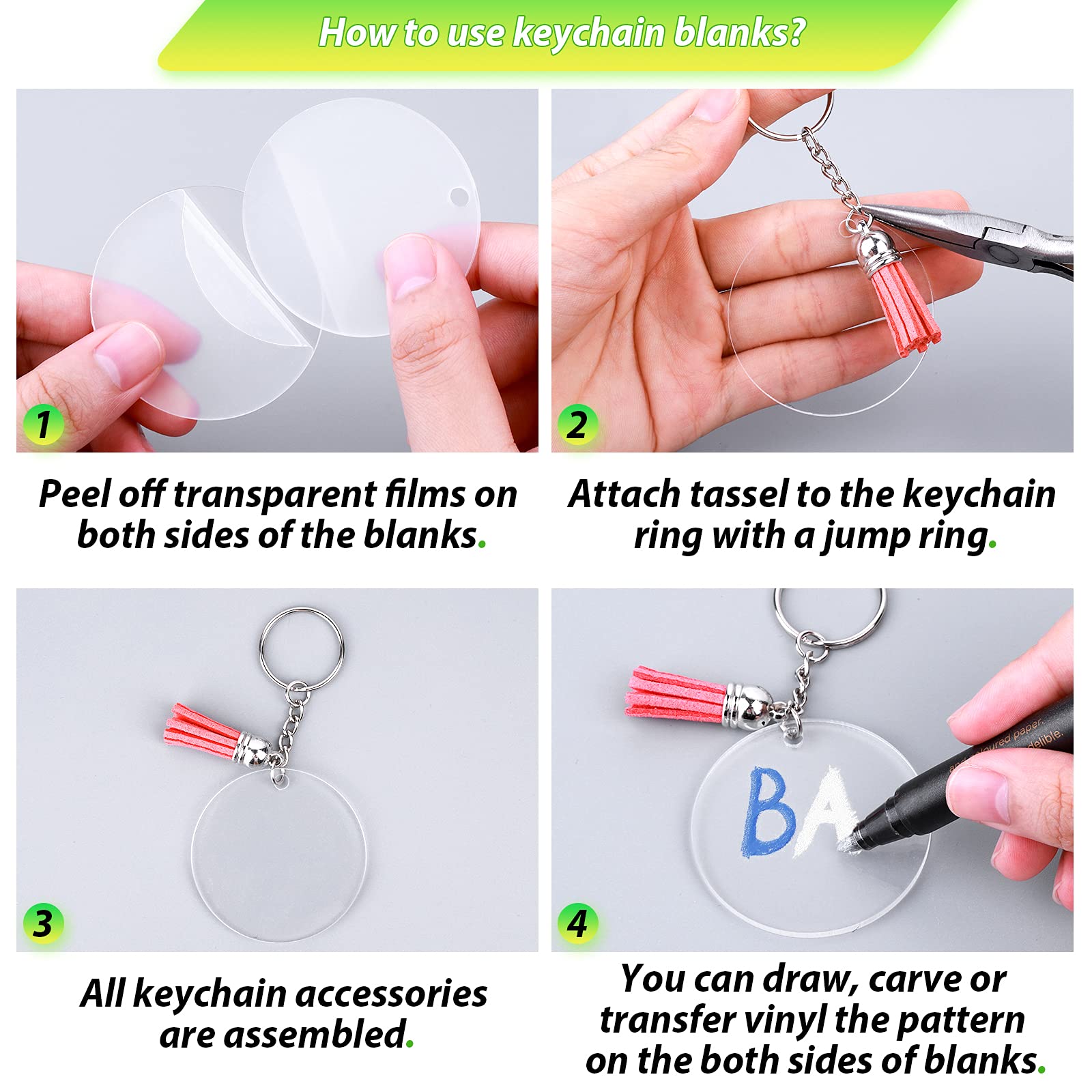 200Pcs Blank Keychains for Vinyl, Acrylic Keychain Blanks Bulk with 5 Shapes Clear Acrylic Disc Leather Tassel Charms Key Chains Jump Ring for DIY Craft Ornament Engrave Painting