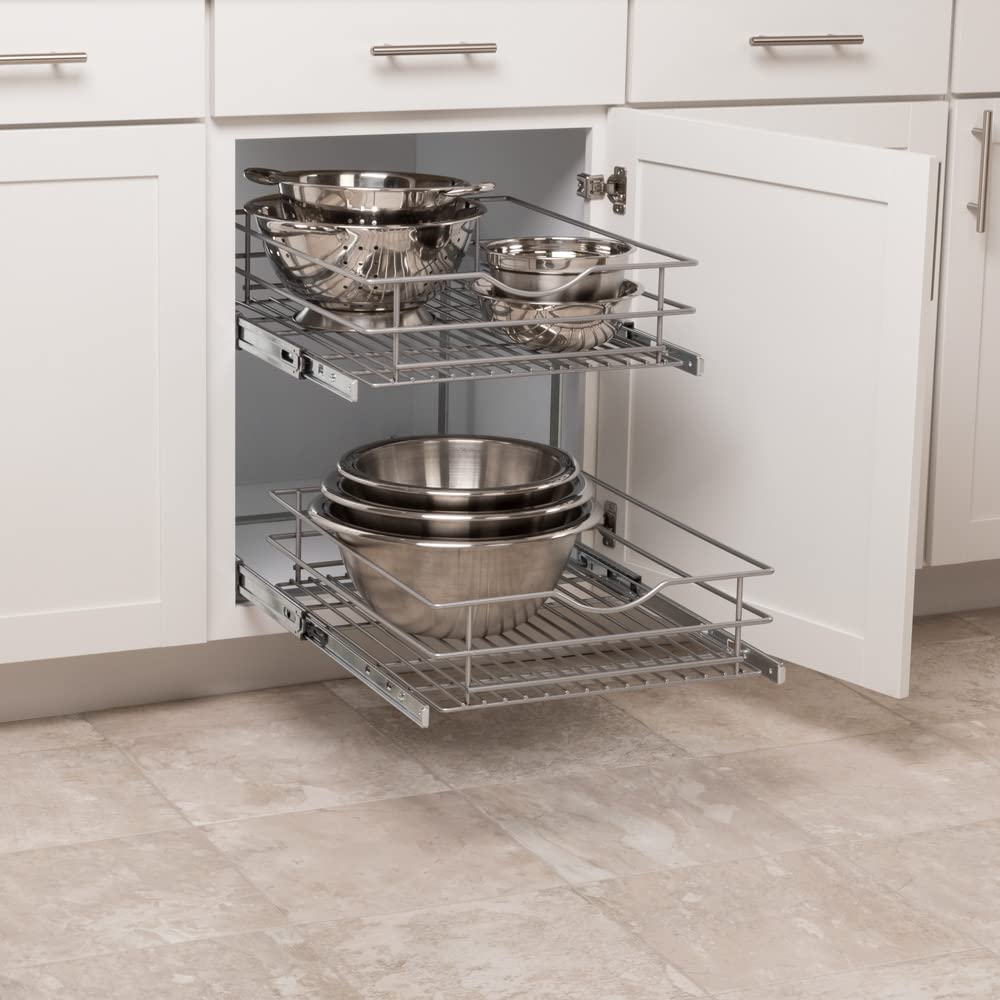 Knape & Vogt Simply Put 17.5-in W x 14.7-in H Metal 2-Tier Pull Out Cabinet Basket, 17 Inch, Frosted Nickel