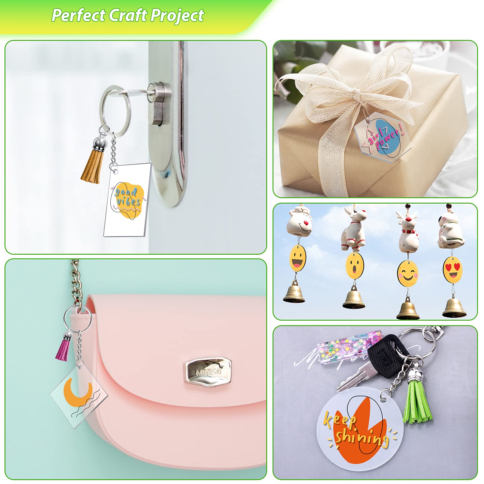 200Pcs Blank Keychains for Vinyl, Acrylic Keychain Blanks Bulk with 5 Shapes Clear Acrylic Disc Leather Tassel Charms Key Chains Jump Ring for DIY Craft Ornament Engrave Painting