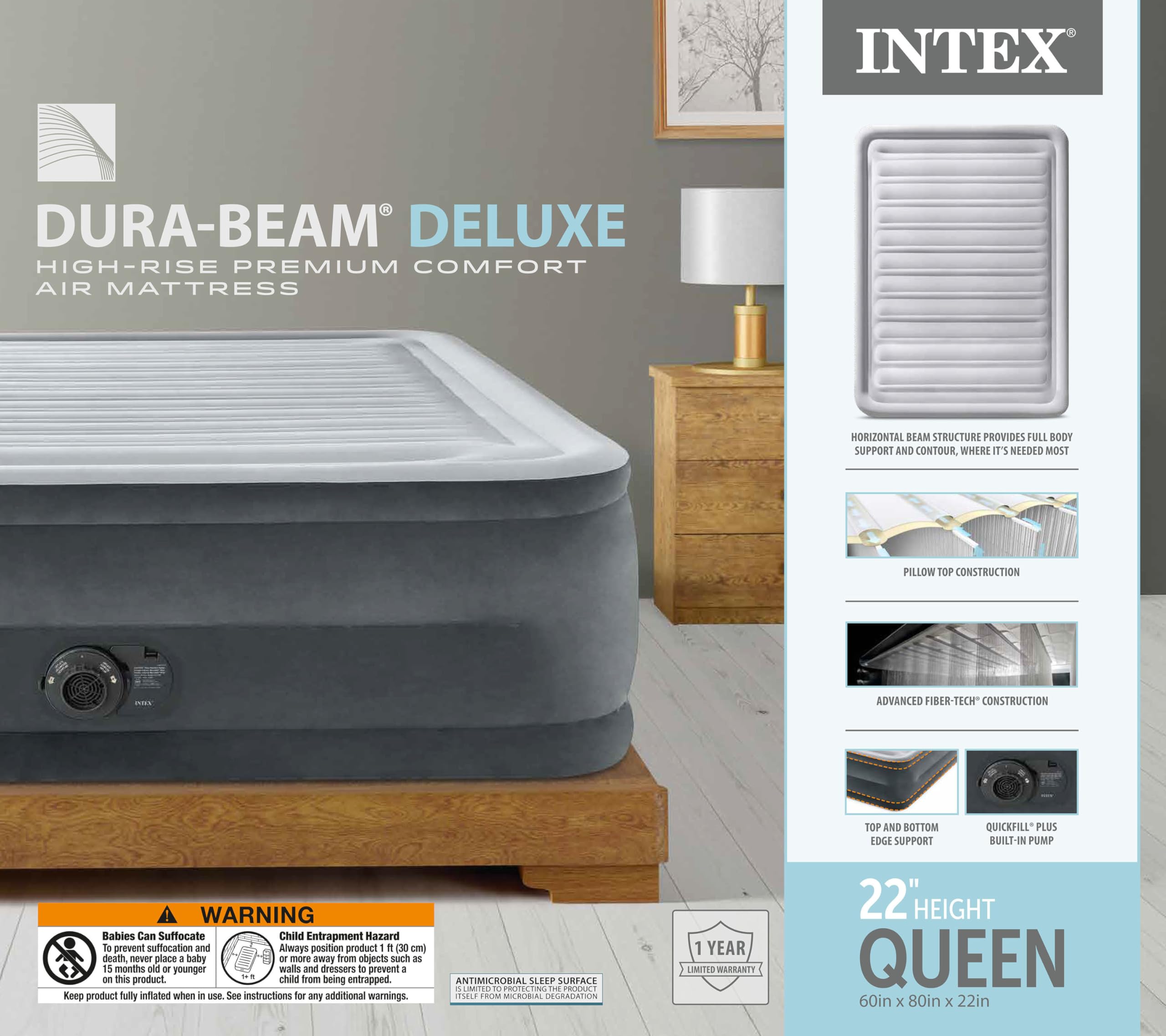 Intex Comfort Plush Elevated Dura-Beam Airbed with Internal Electric Pump, Bed Height 22", Queen Grey