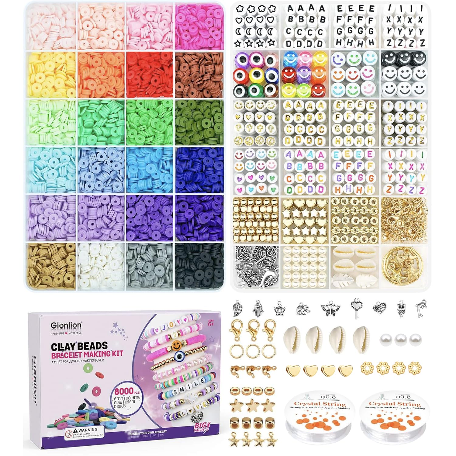 Gionlion 8000 Pcs Clay Beads Kit 2 Boxes for Bracelet Making, 24 Colors Flat Clay Beads Letter Beads Spacer Beads and Charms Kit for Jewelry Making, Jewelry Supplies Crafts Gift for Teen Girls Adults