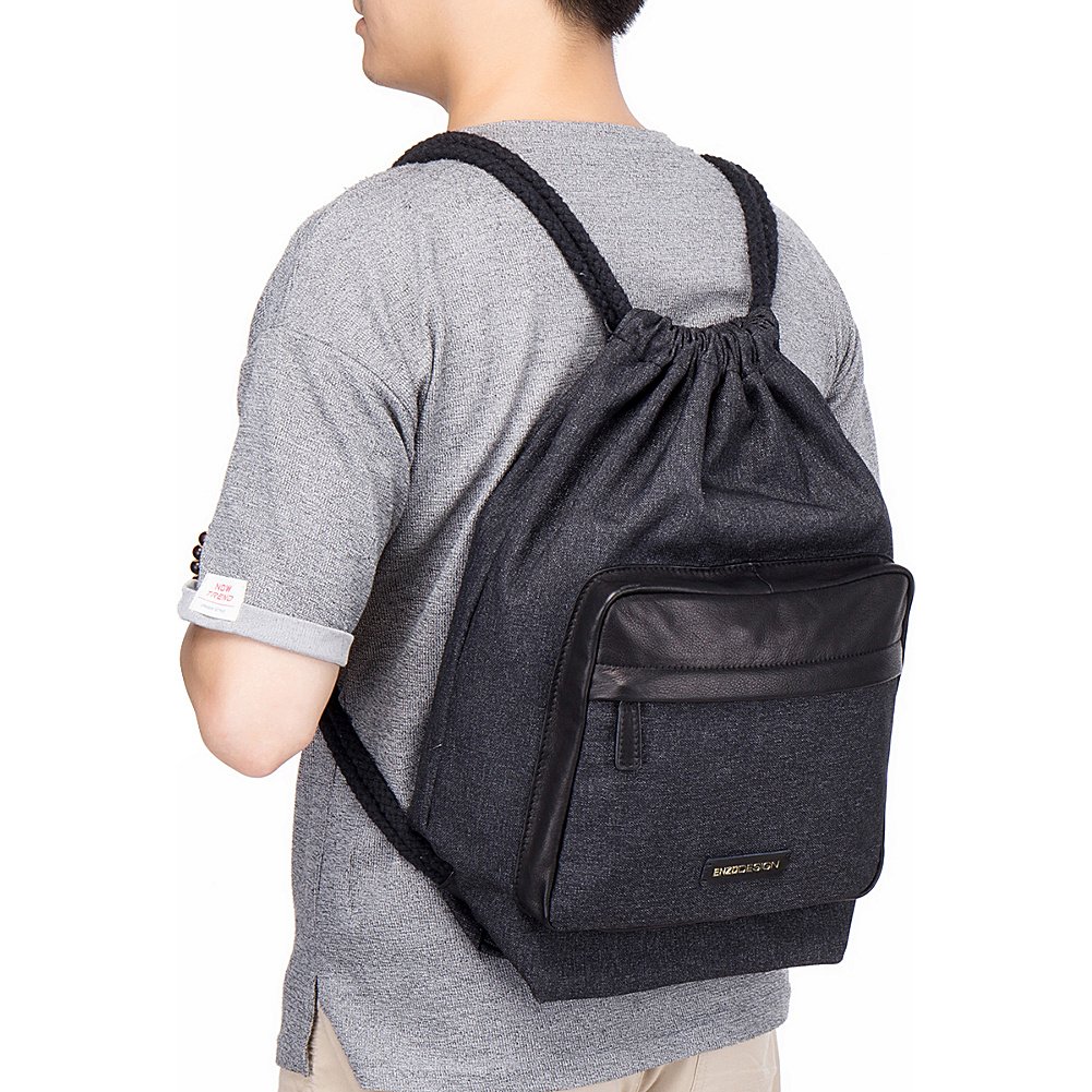EnzoDesign Unisex Canvas Leather Drawstring Cinch Backpack