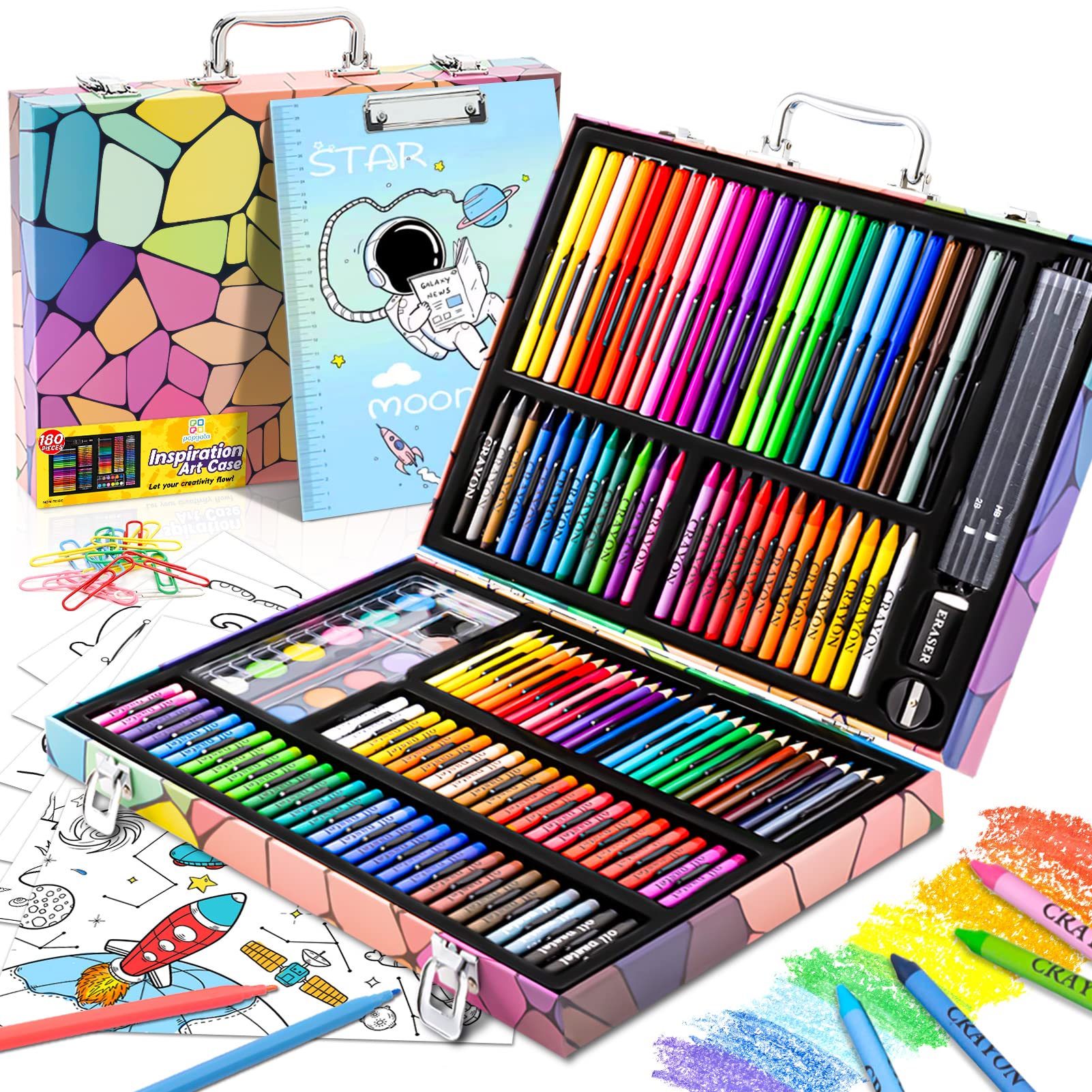 Art Supplies, POPYOLA 180-Piece Deluxe Art Set, Drawing Painting Coloring Kit with Clipboard, Pastels, Crayons, Pencils, Watercolors, Drawing Papers, Arts and Crafts Gift Case for Kids Girls Boys