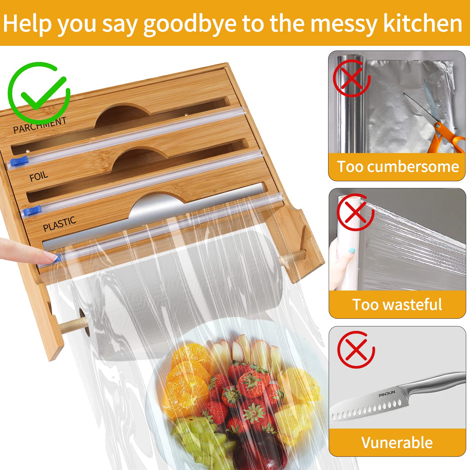 4in1 Foil and Plastic Cling wrap Organizer Dispenser with Cutter,Aluminum foil , Wax Paper Dispenser for Kitchen Drawer Storage , Hangable Roll Organizer Holder, Compatible with 12" Roll