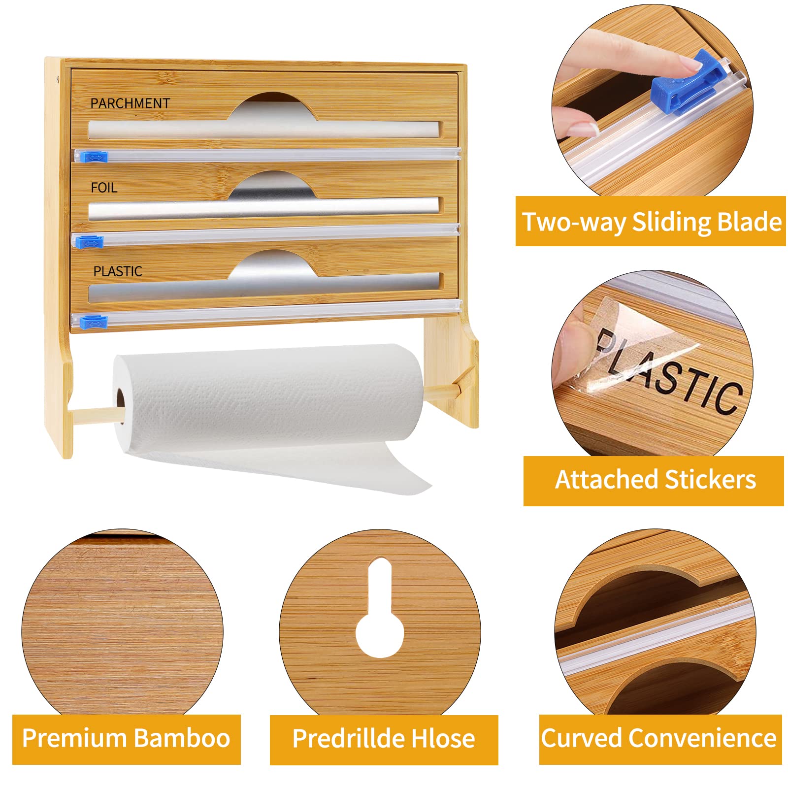4in1 Foil and Plastic Cling wrap Organizer Dispenser with Cutter,Aluminum foil , Wax Paper Dispenser for Kitchen Drawer Storage , Hangable Roll Organizer Holder, Compatible with 12" Roll
