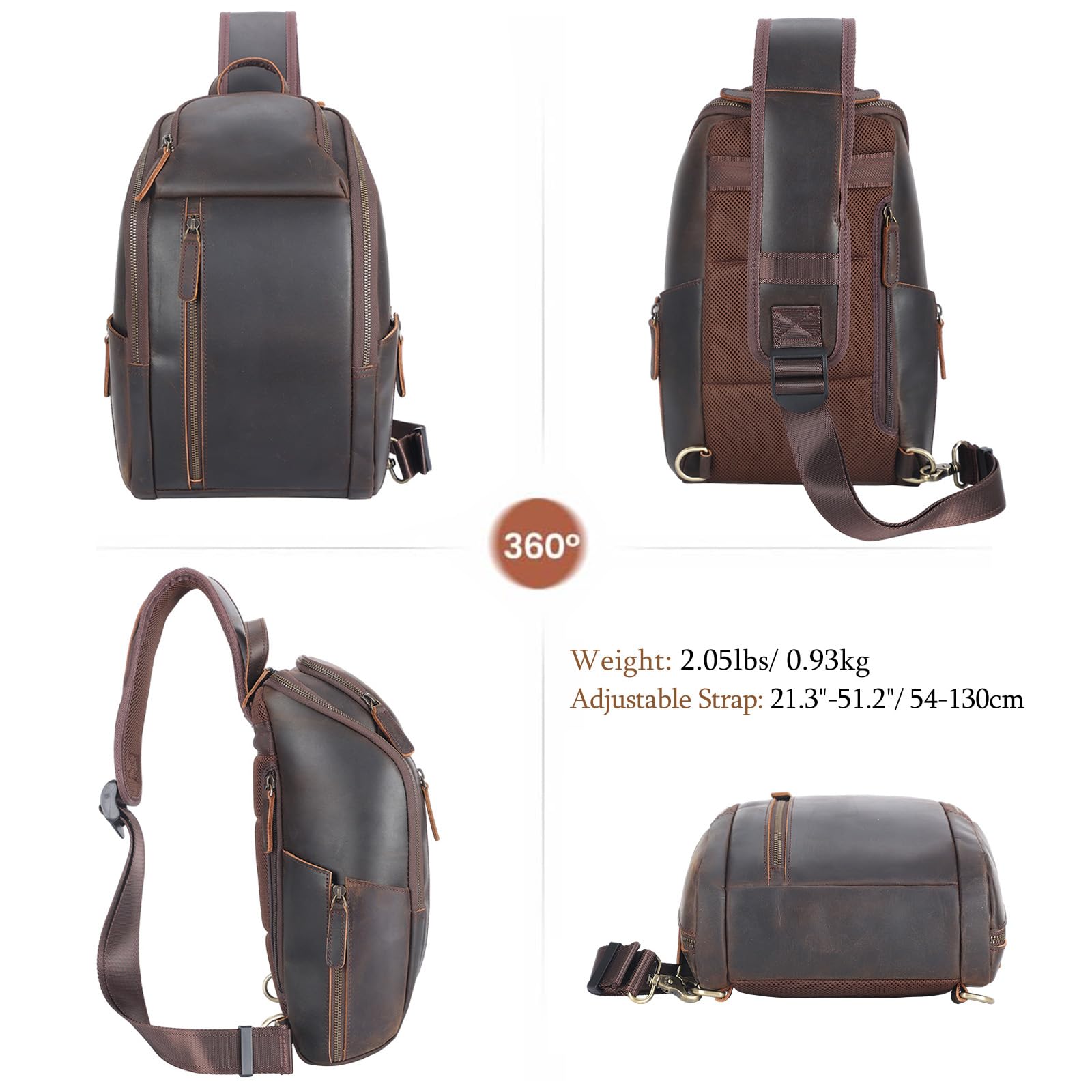 TIDING Full Grain Leather Sling Bag For Men Outdoor Travel Shoulder Chest Daypack Fits 10.5" iPad