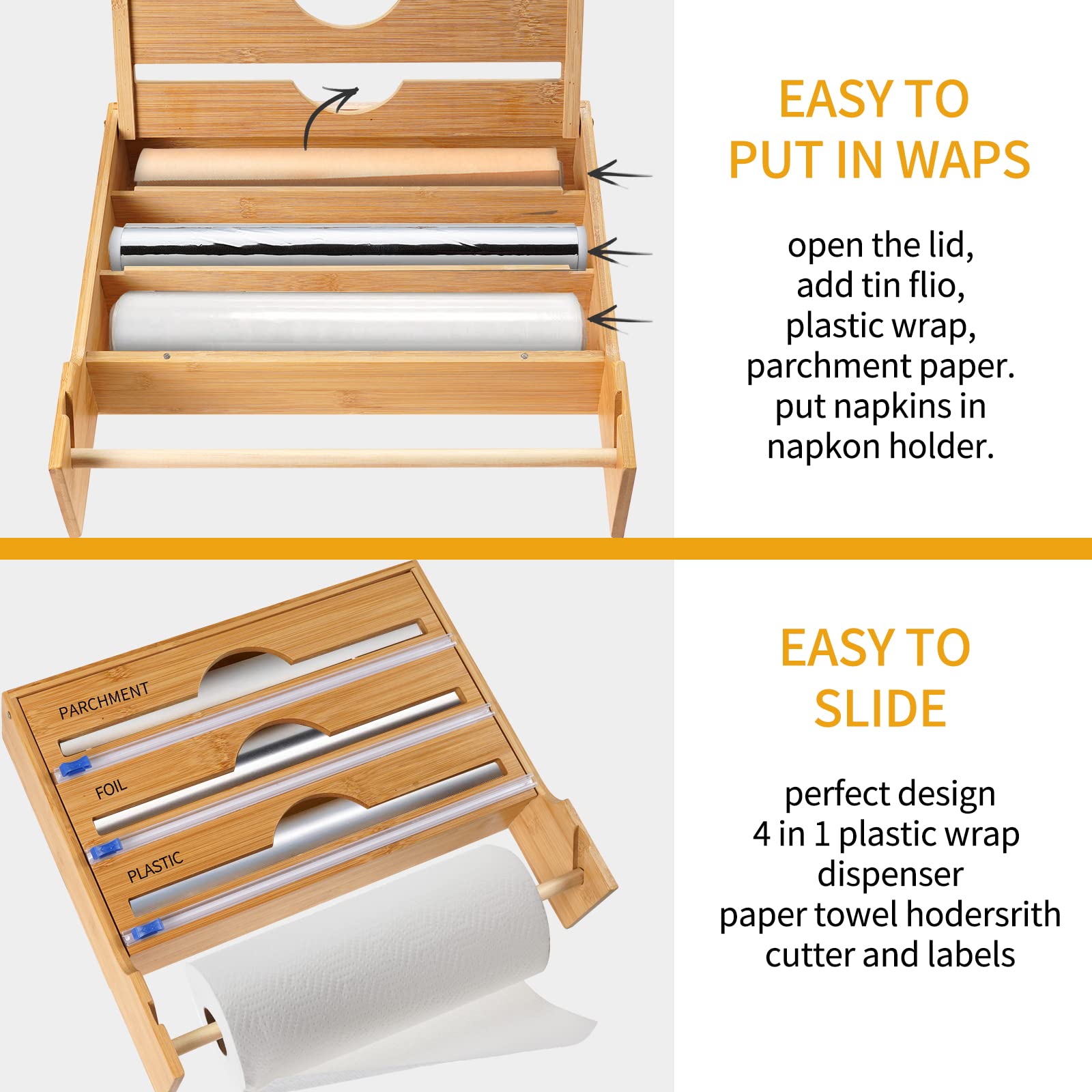 4in1 Foil and Plastic Cling wrap Organizer Dispenser with Cutter,Aluminum foil , Wax Paper Dispenser for Kitchen Drawer Storage , Hangable Roll Organizer Holder, Compatible with 12" Roll