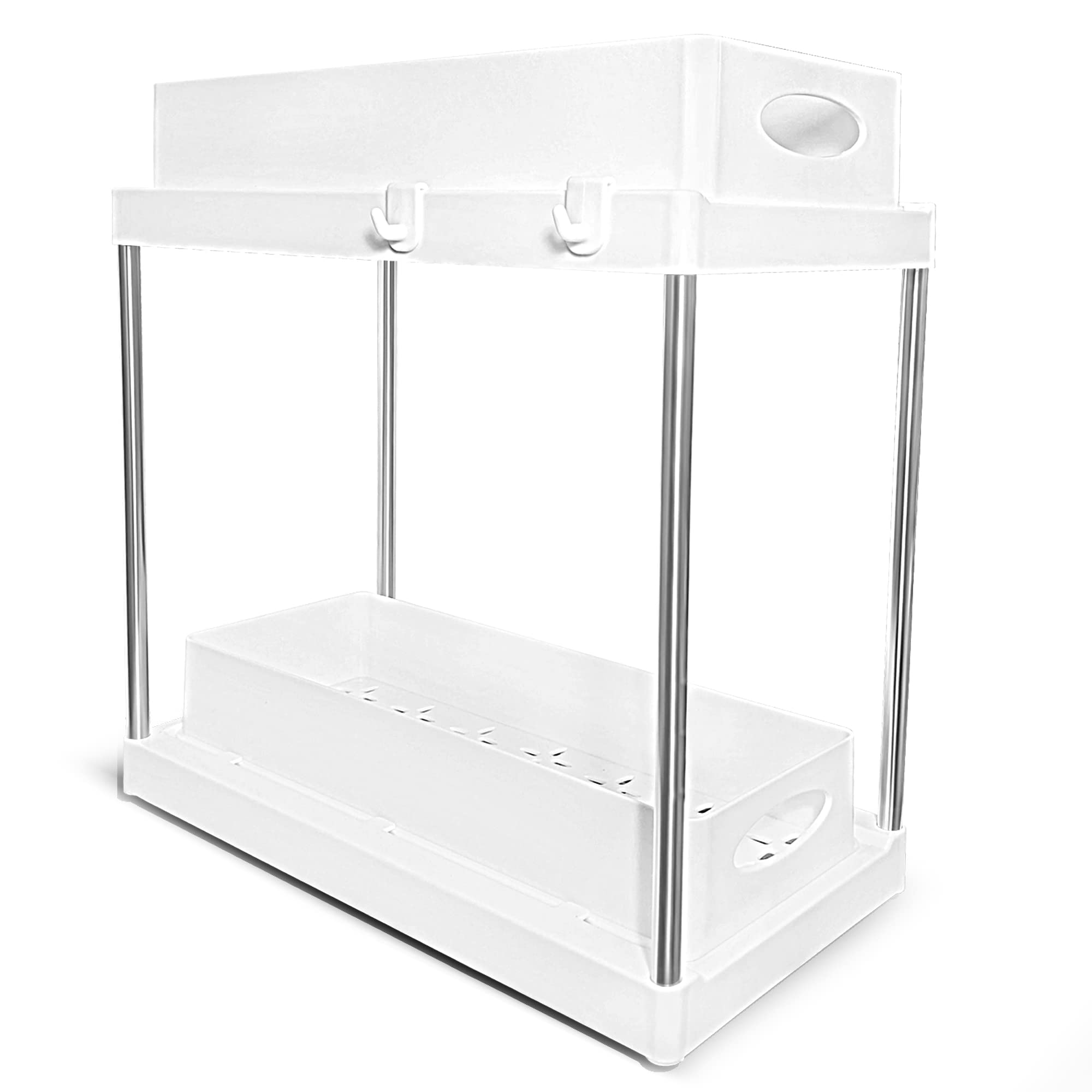 Fancy Pantry Housewares 2 Tier Sliding Pull Out Under Sink and Cabinet Organizer For Kitchen and Bathroom Storage (White and Stainless Steel), FPH1V1