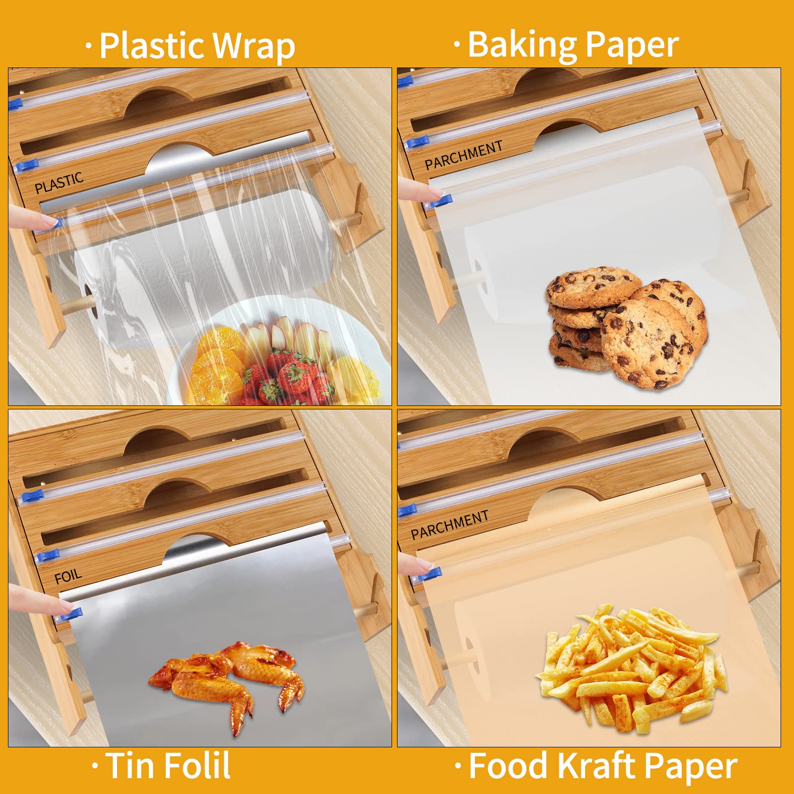 4in1 Foil and Plastic Cling wrap Organizer Dispenser with Cutter,Aluminum foil , Wax Paper Dispenser for Kitchen Drawer Storage , Hangable Roll Organizer Holder, Compatible with 12" Roll