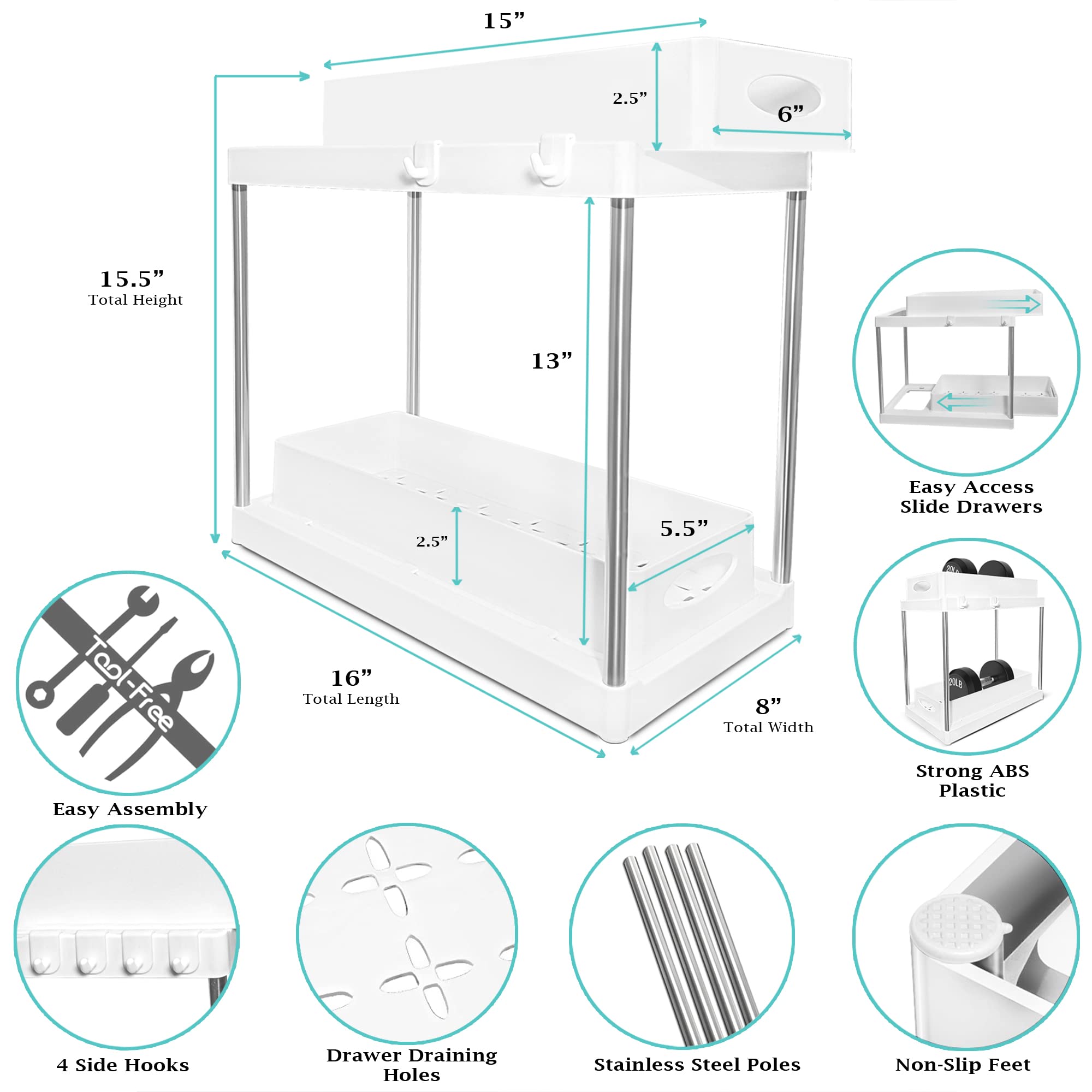 Fancy Pantry Housewares 2 Tier Sliding Pull Out Under Sink and Cabinet Organizer For Kitchen and Bathroom Storage (White and Stainless Steel), FPH1V1