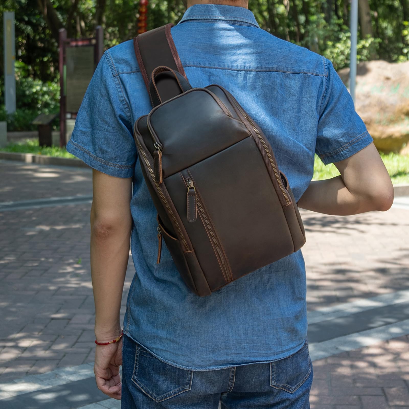 TIDING Full Grain Leather Sling Bag For Men Outdoor Travel Shoulder Chest Daypack Fits 10.5" iPad