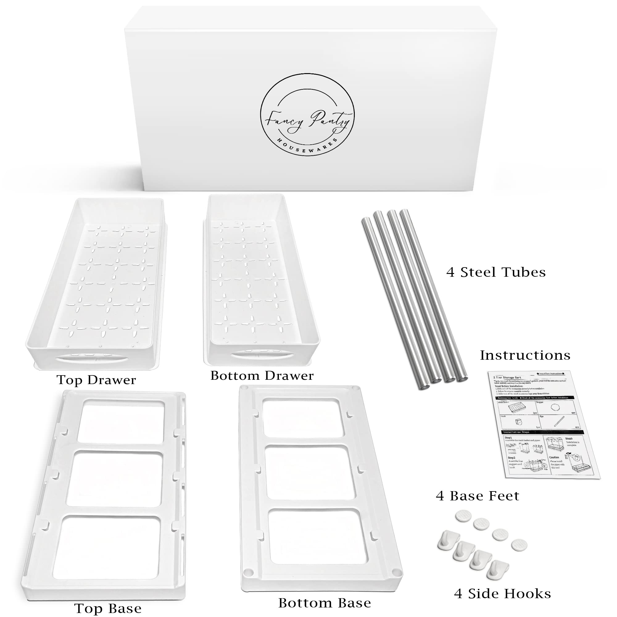 Fancy Pantry Housewares 2 Tier Sliding Pull Out Under Sink and Cabinet Organizer For Kitchen and Bathroom Storage (White and Stainless Steel), FPH1V1