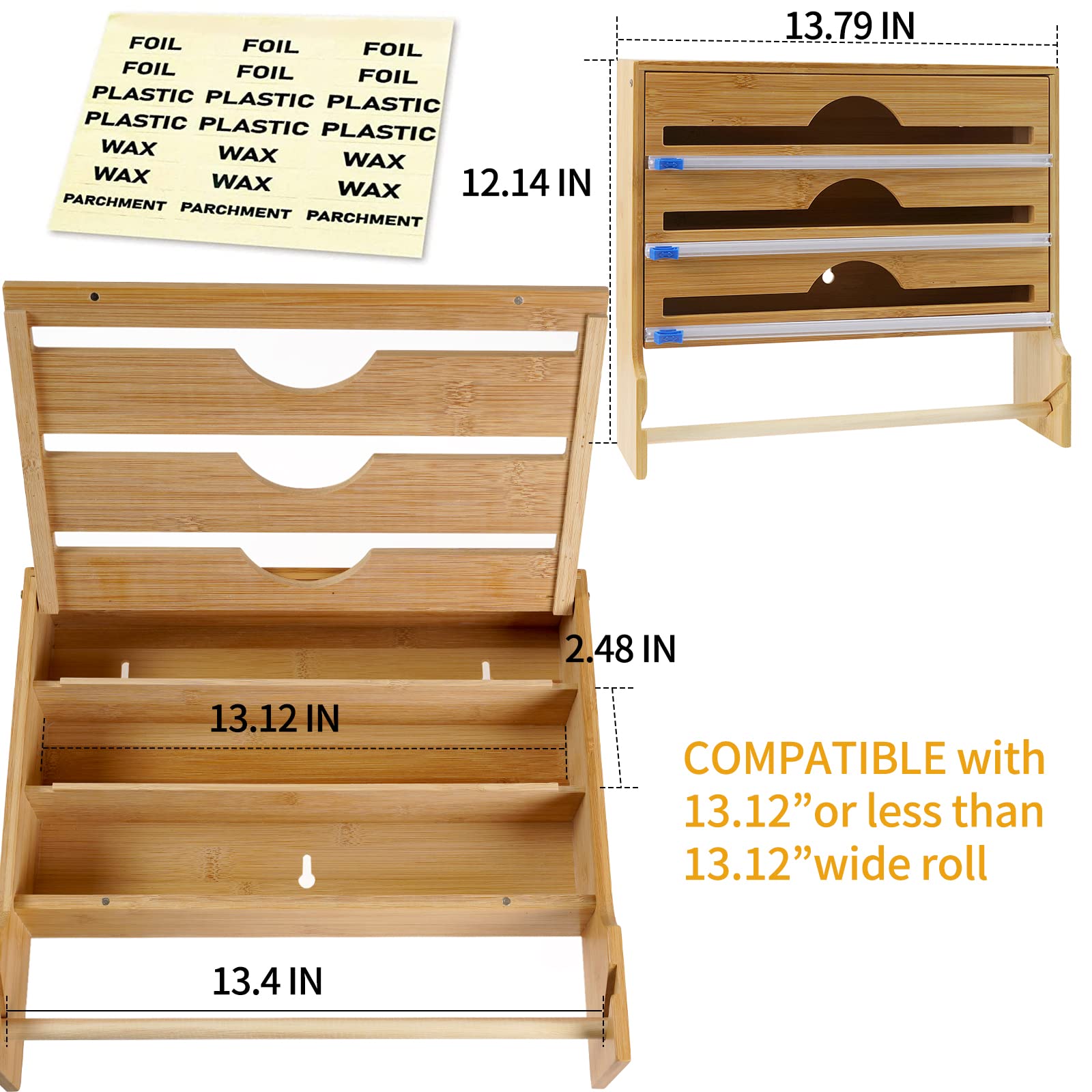 4in1 Foil and Plastic Cling wrap Organizer Dispenser with Cutter,Aluminum foil , Wax Paper Dispenser for Kitchen Drawer Storage , Hangable Roll Organizer Holder, Compatible with 12" Roll