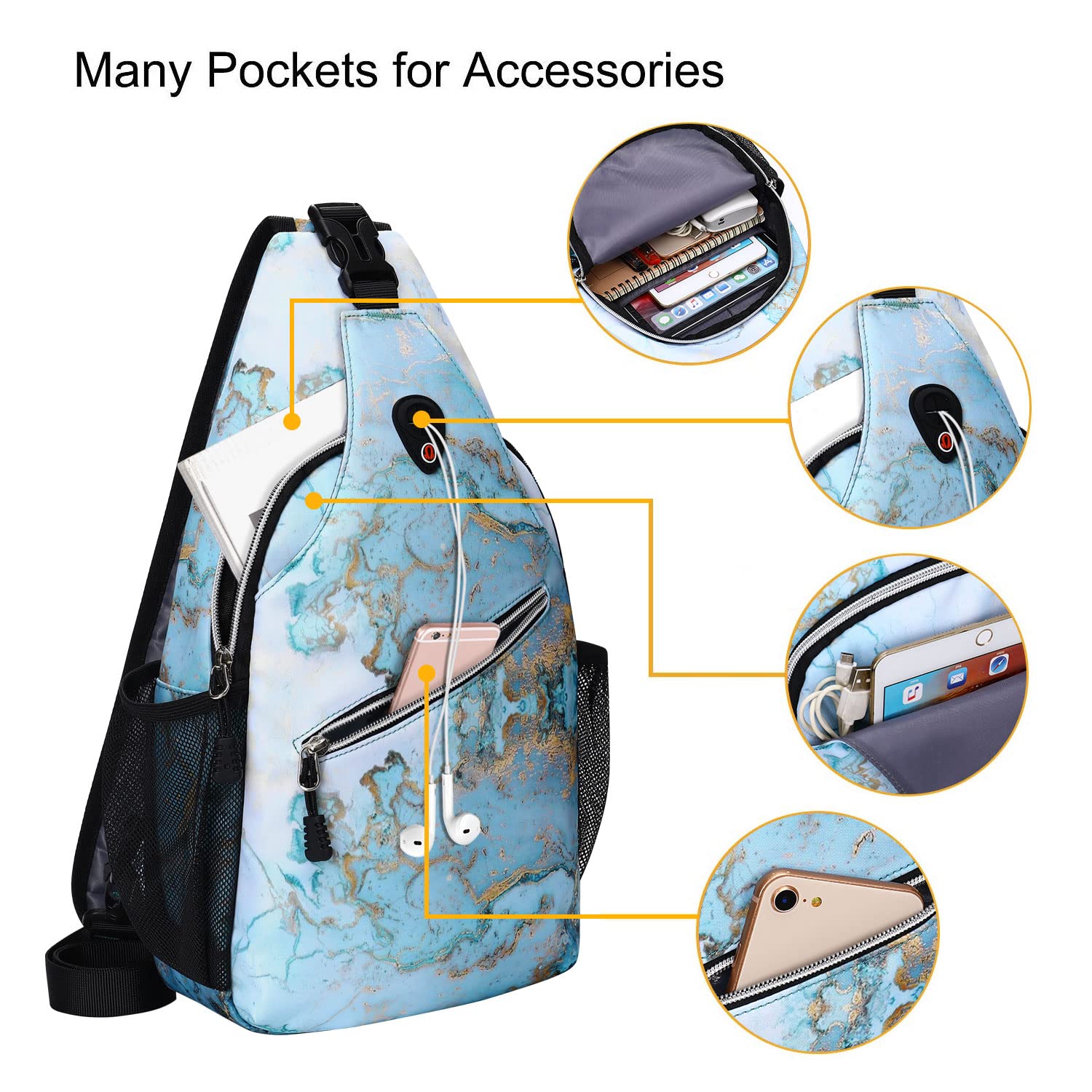 MOSISO Sling Backpack, Multipurpose Travel Hiking Daypack Watercolor Marble Rope Crossbody Shoulder Bag, Blue