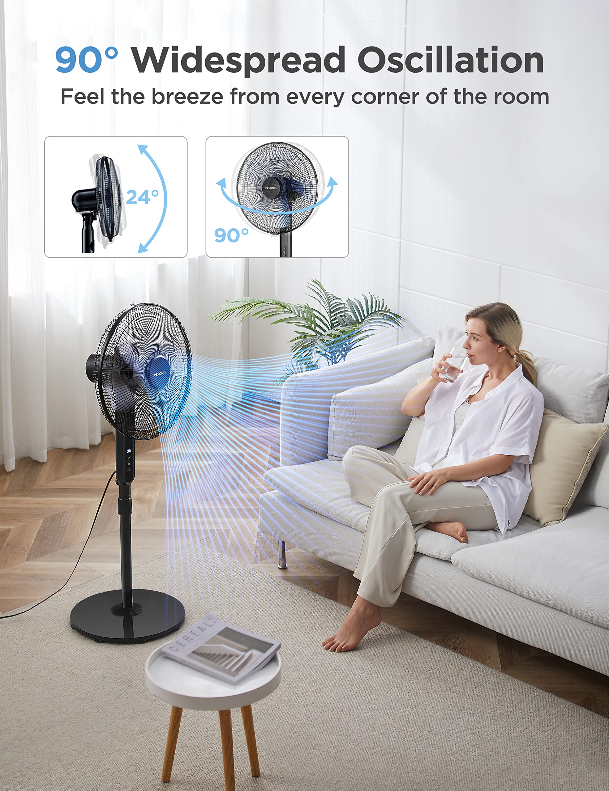 PELONIS 16" Oscillating Pedestal Stand Up Fan | Adjustable Height | Ultra Quiet DC Motor | Remote Control | 12 Speed | 12-Hour Timer | High Energy Efficiency | for Bedroom Home Office Use | Black