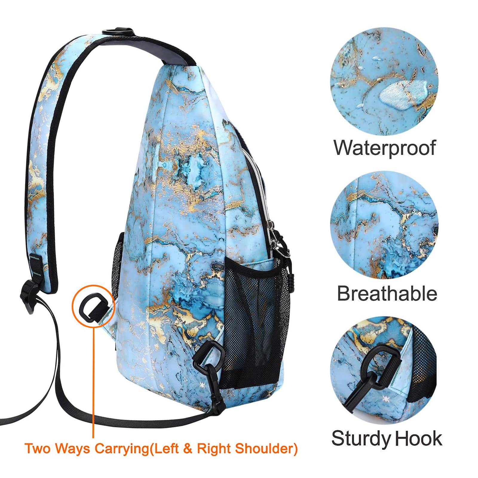 MOSISO Sling Backpack, Multipurpose Travel Hiking Daypack Watercolor Marble Rope Crossbody Shoulder Bag, Blue
