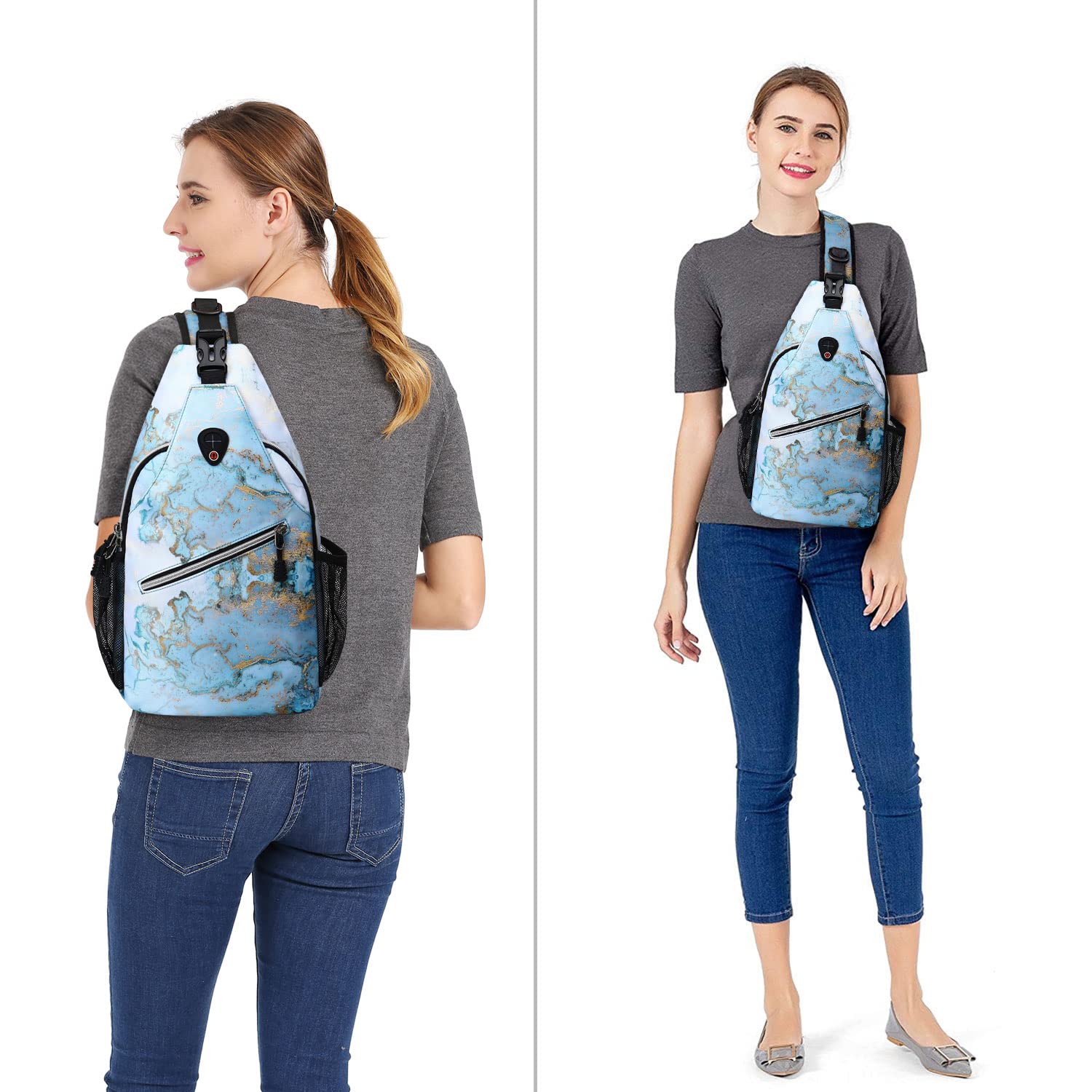 MOSISO Sling Backpack, Multipurpose Travel Hiking Daypack Watercolor Marble Rope Crossbody Shoulder Bag, Blue