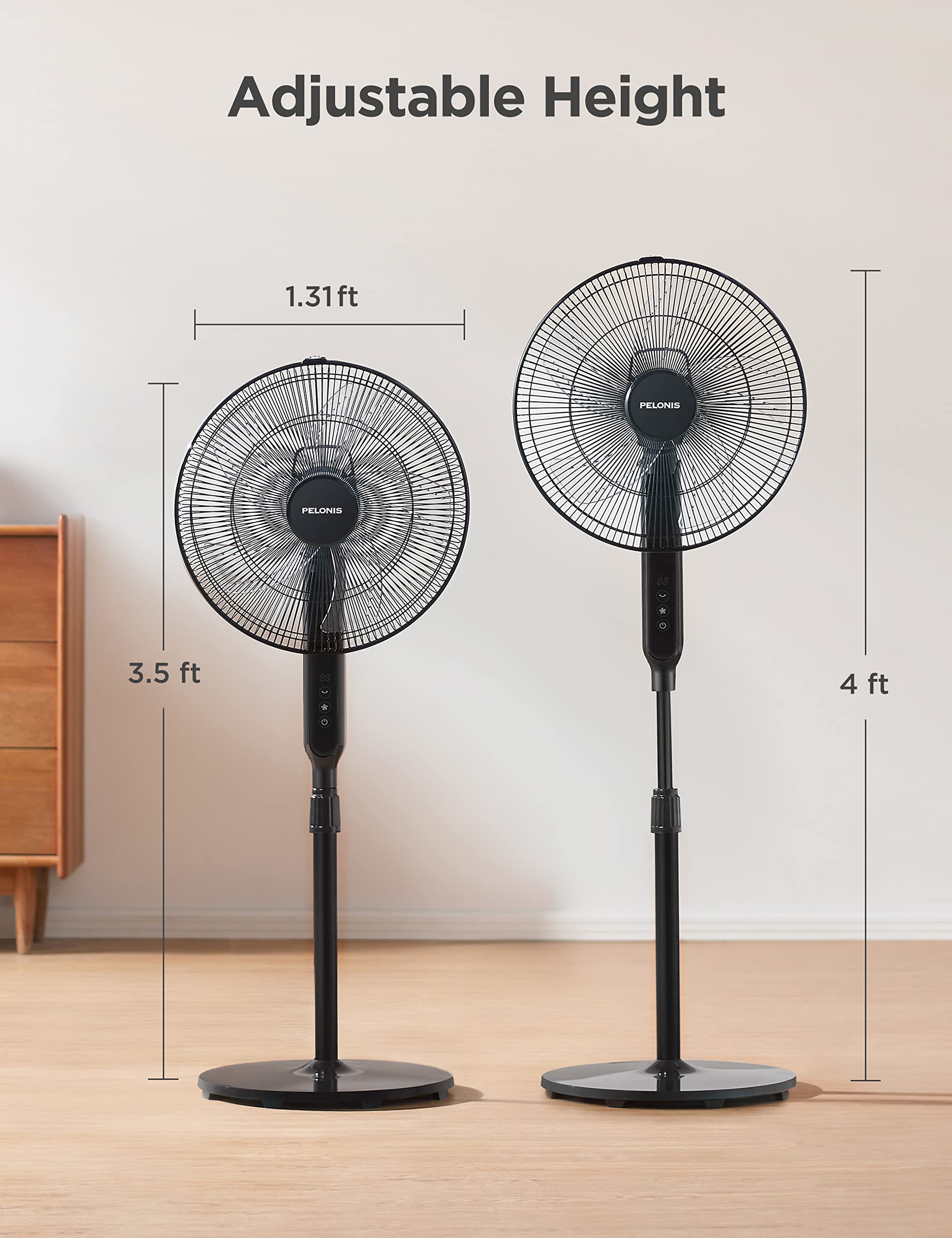 PELONIS 16" Oscillating Pedestal Stand Up Fan | Adjustable Height | Ultra Quiet DC Motor | Remote Control | 12 Speed | 12-Hour Timer | High Energy Efficiency | for Bedroom Home Office Use | Black