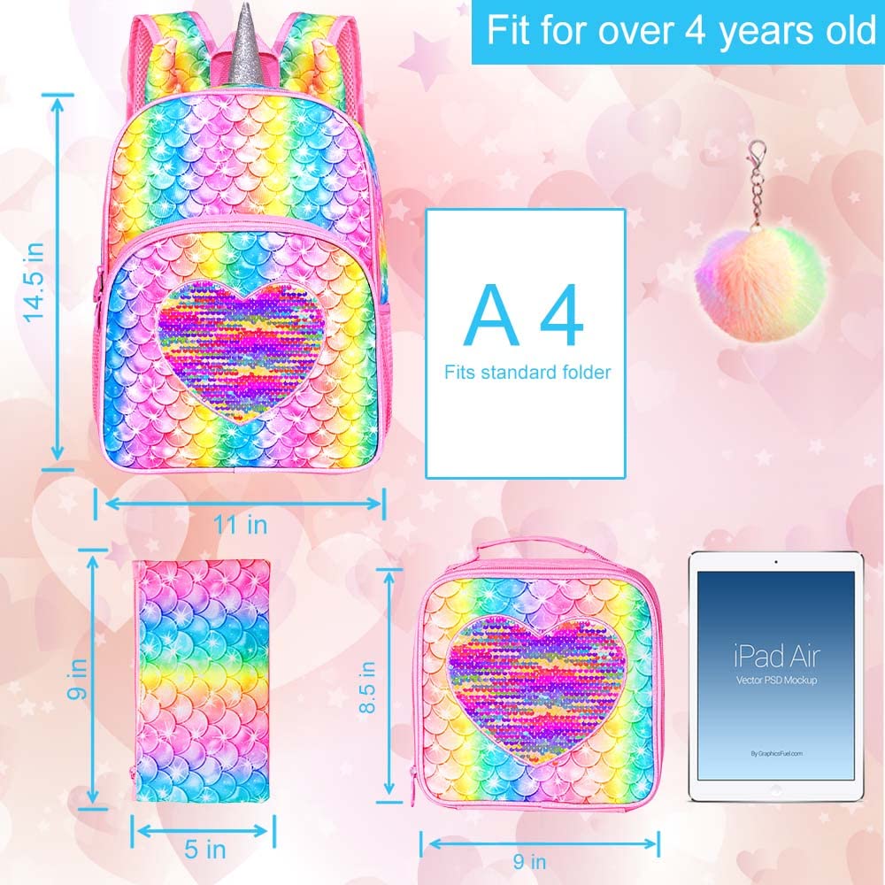 gxtvo 3PCS Backpack for Girls, 14.5" Mermaid Sequin Preschool Elementary Bookbag and Lunch Box