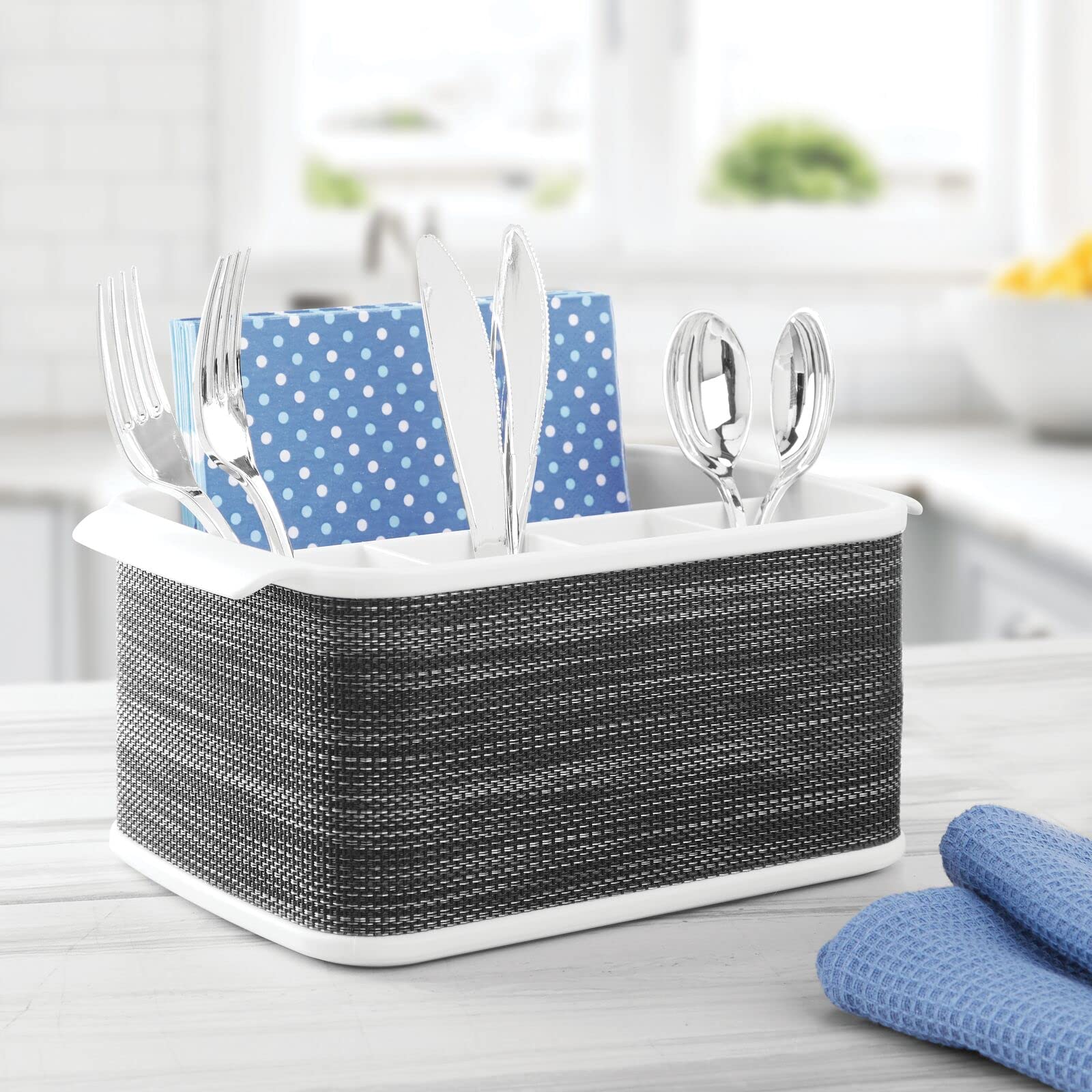 mDesign Plastic Cutlery Storage Organizer Caddy Tote Bin with Handles for Kitchen Cabinet or Pantry - Holds Forks, Knives, Spoons, Napkins - Indoor or Outdoor Use, Woven Accent - Bronze/Sand Brown