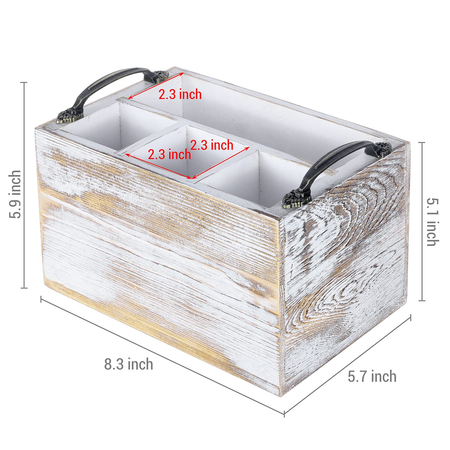 MyGift Vintage White Wood Dining Utensil Caddy and Napkin Holder - 4 Compartment Flatware Serving Storage Organizer with Antique Style Metal Handles