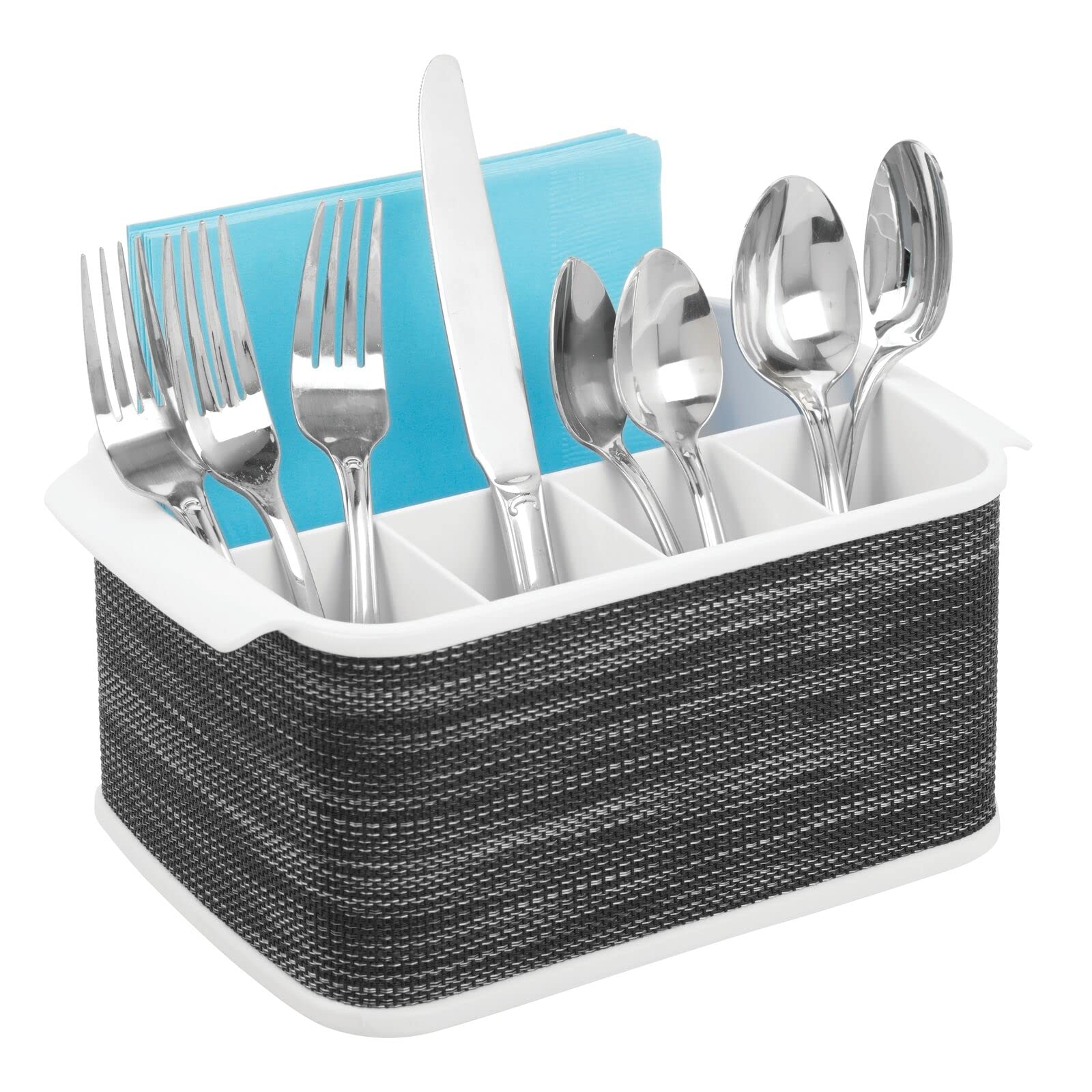 mDesign Plastic Cutlery Storage Organizer Caddy Tote Bin with Handles for Kitchen Cabinet or Pantry - Holds Forks, Knives, Spoons, Napkins - Indoor or Outdoor Use, Woven Accent - Bronze/Sand Brown