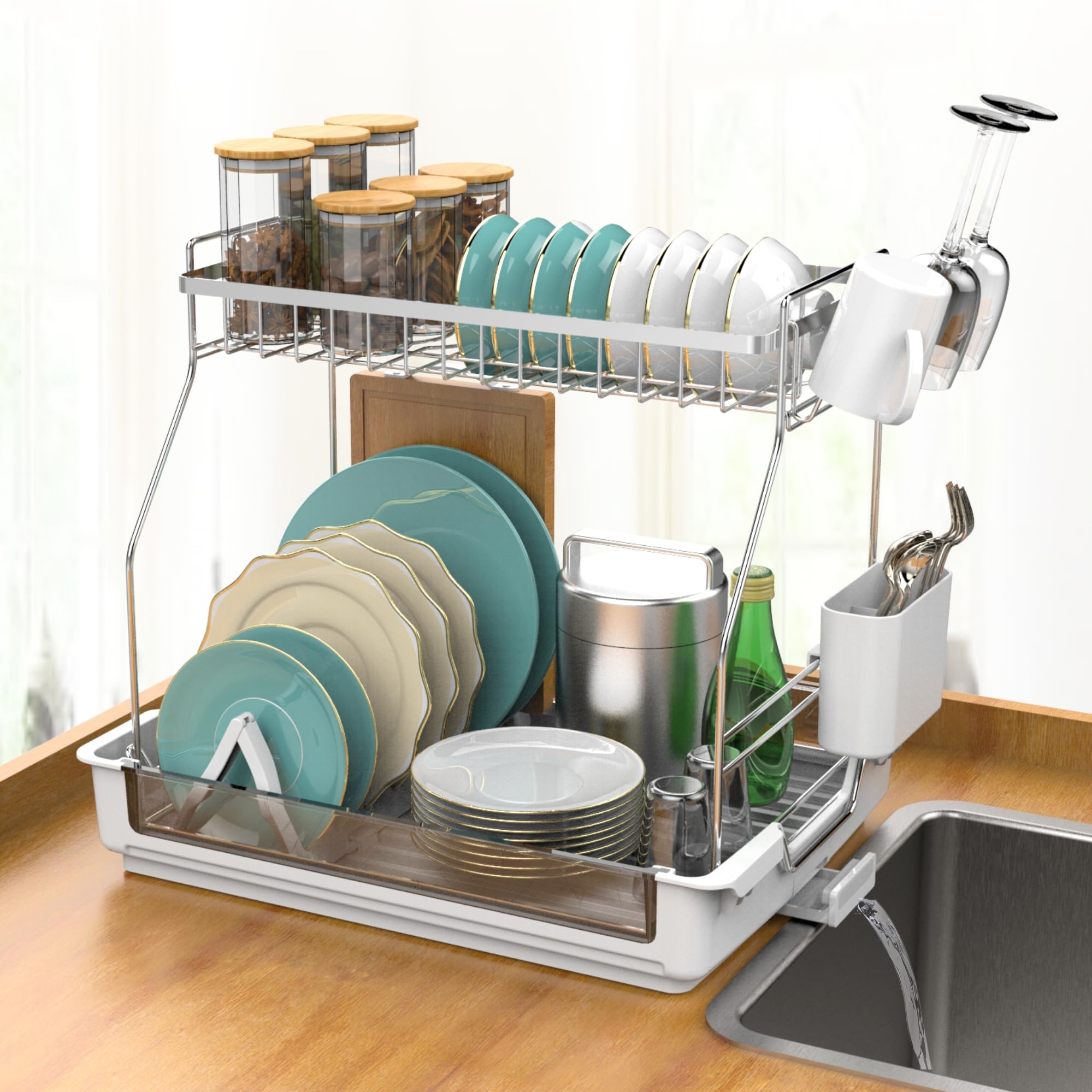 EMT ETRENDS Large Capacity Dish Drying Rack,Rust Resistant Dish Rack for Kitchen, Compact and Foldaway Dish Drainer with Removable Drainboard, Utensil/Cutlery Holder , Plastic, White