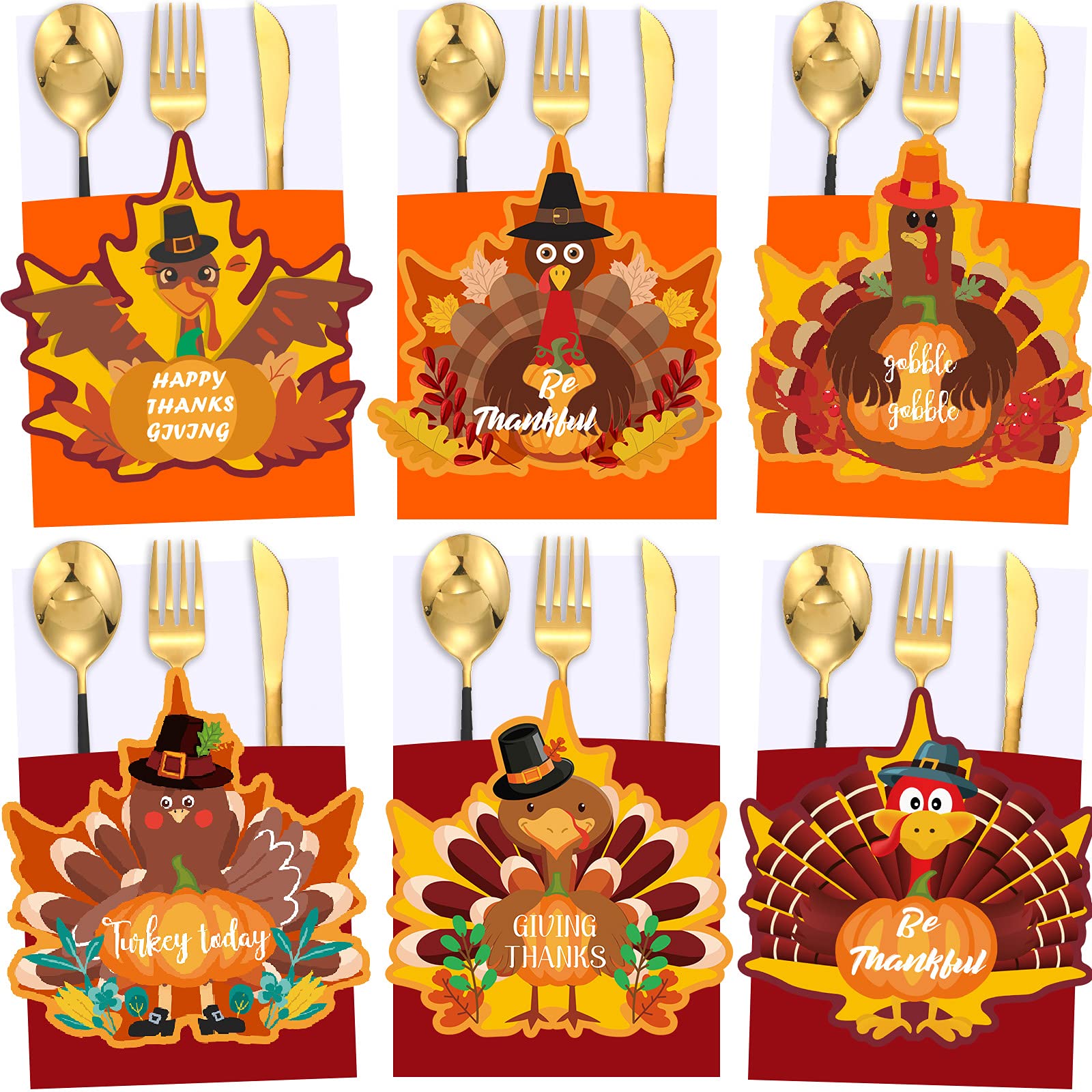 36 Pieces Turkey Cutlery Paper Holders Thanksgiving Utensil Cutlery Holder Set Gobble Silverware Paper Pocket Pouch Cutlery Wraping Bag Set for Home Dining Room Thanksgiving Tableware Supplies