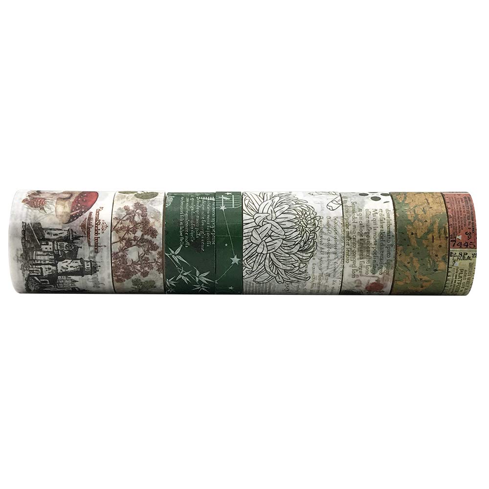 Vintage Green Washi Tape Set, ZMLSED 8 Rolls Antique Mushroom Japanese Masking Writable Decorative Tapes for Bullet Journal Planners DIY Crafts Arts Scrapbooking Adhesive