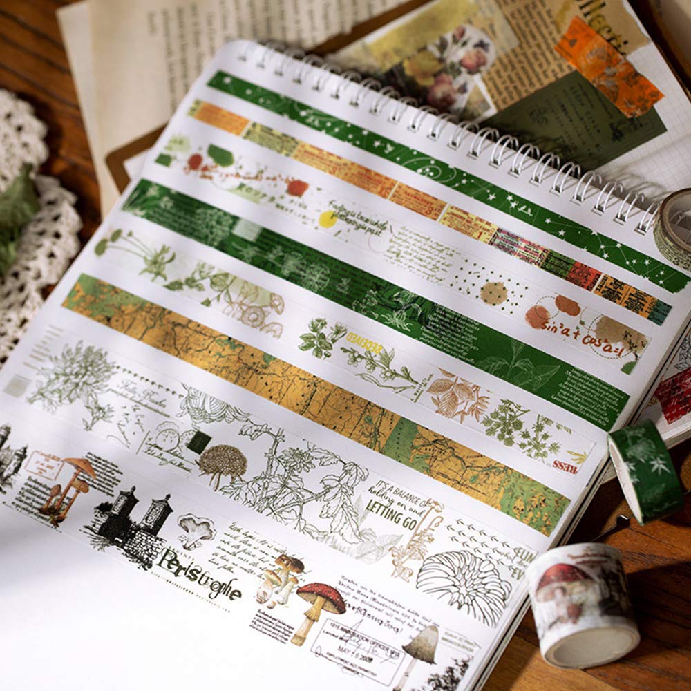 Vintage Green Washi Tape Set, ZMLSED 8 Rolls Antique Mushroom Japanese Masking Writable Decorative Tapes for Bullet Journal Planners DIY Crafts Arts Scrapbooking Adhesive
