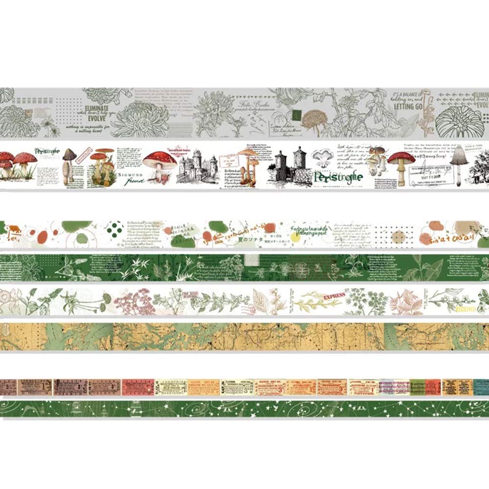 Vintage Green Washi Tape Set, ZMLSED 8 Rolls Antique Mushroom Japanese Masking Writable Decorative Tapes for Bullet Journal Planners DIY Crafts Arts Scrapbooking Adhesive