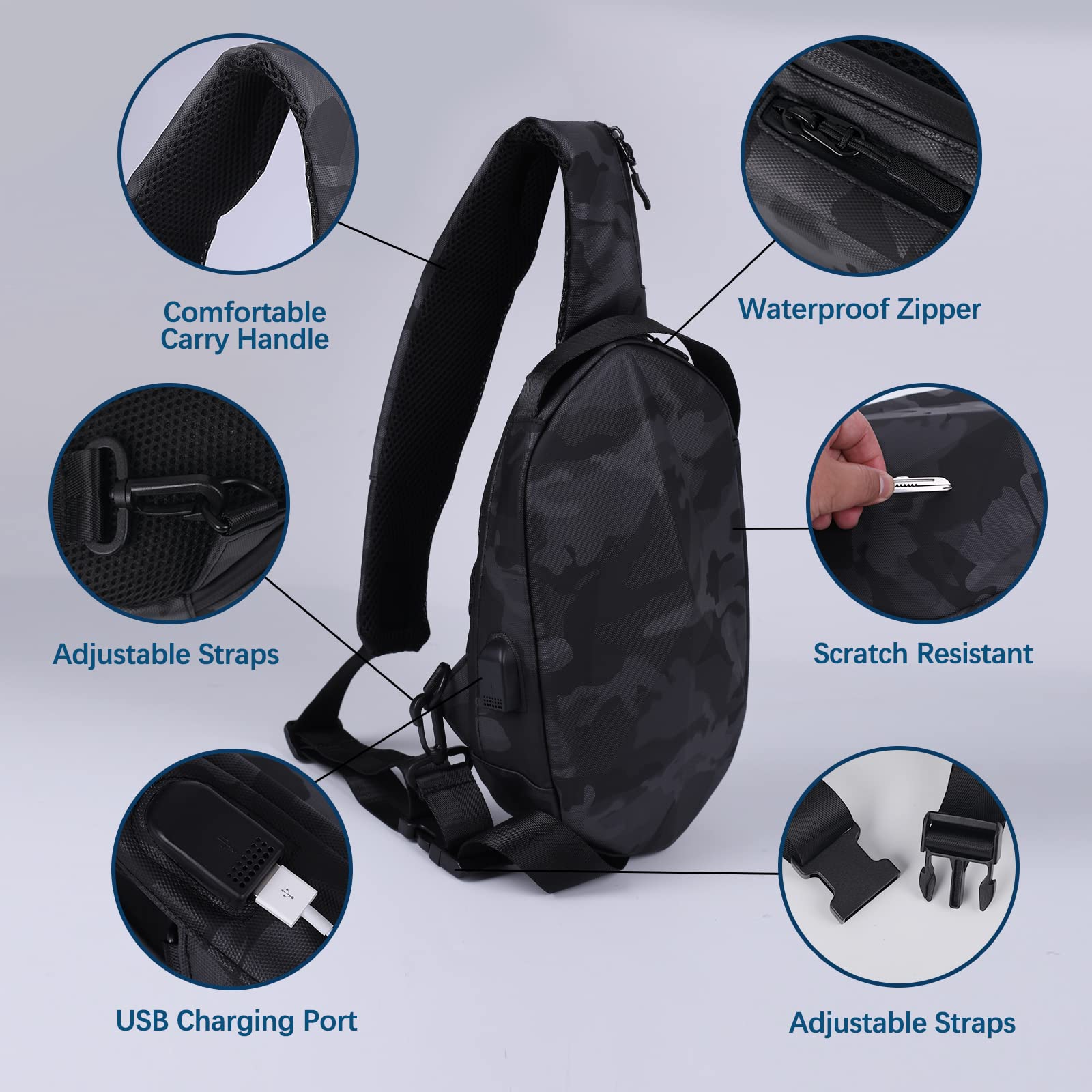 Lamgool Sling Bag for Men Waterproof Shoulder Bag Travel Hiking Hard Shell Sling Backpack Lightweight Cross Body Bag with Usb Charger Port
