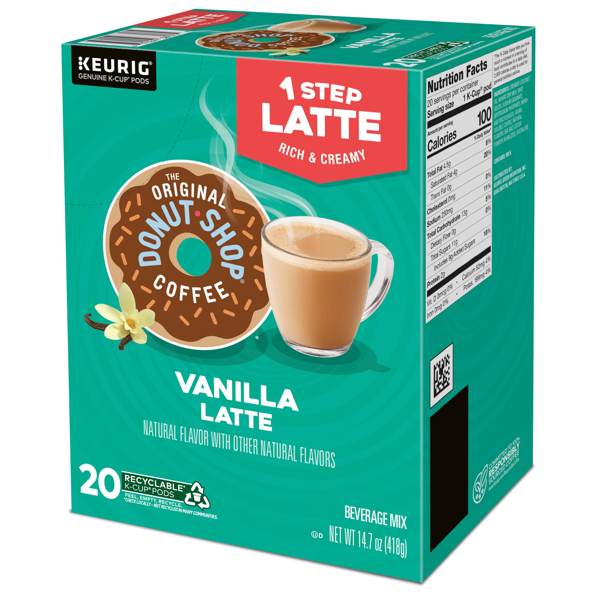 The Original Donut Shop Vanilla Latte, Single-Serve Keurig K-Cup Pods, Flavored Coffee, 20 Count