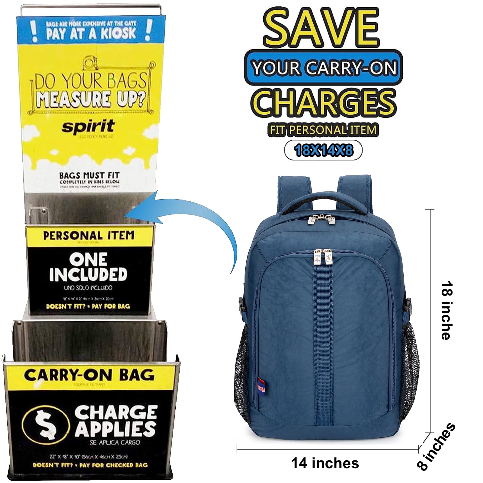 Boardingblue Under-Seat Backpack for Spirit, Frontier, American - Fits 18 x 13 x 8 Inches - Perfect Personal Item for Easy Air Travel - TSA Approved (Black)