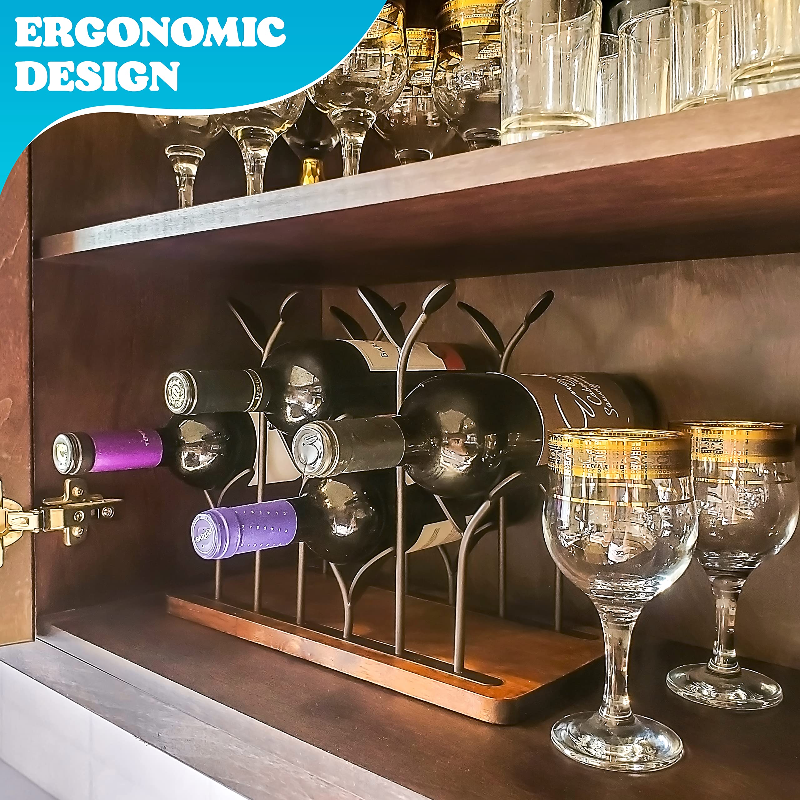 Kovot Tabletop Bottle Rack, 6 Wine Bottle Holder, Dark Brown Wood Base with Black Iron Branches, Countertop Home Decor Kitchen Storage Rack, Bar, Cellar, Cabinet, Pantry