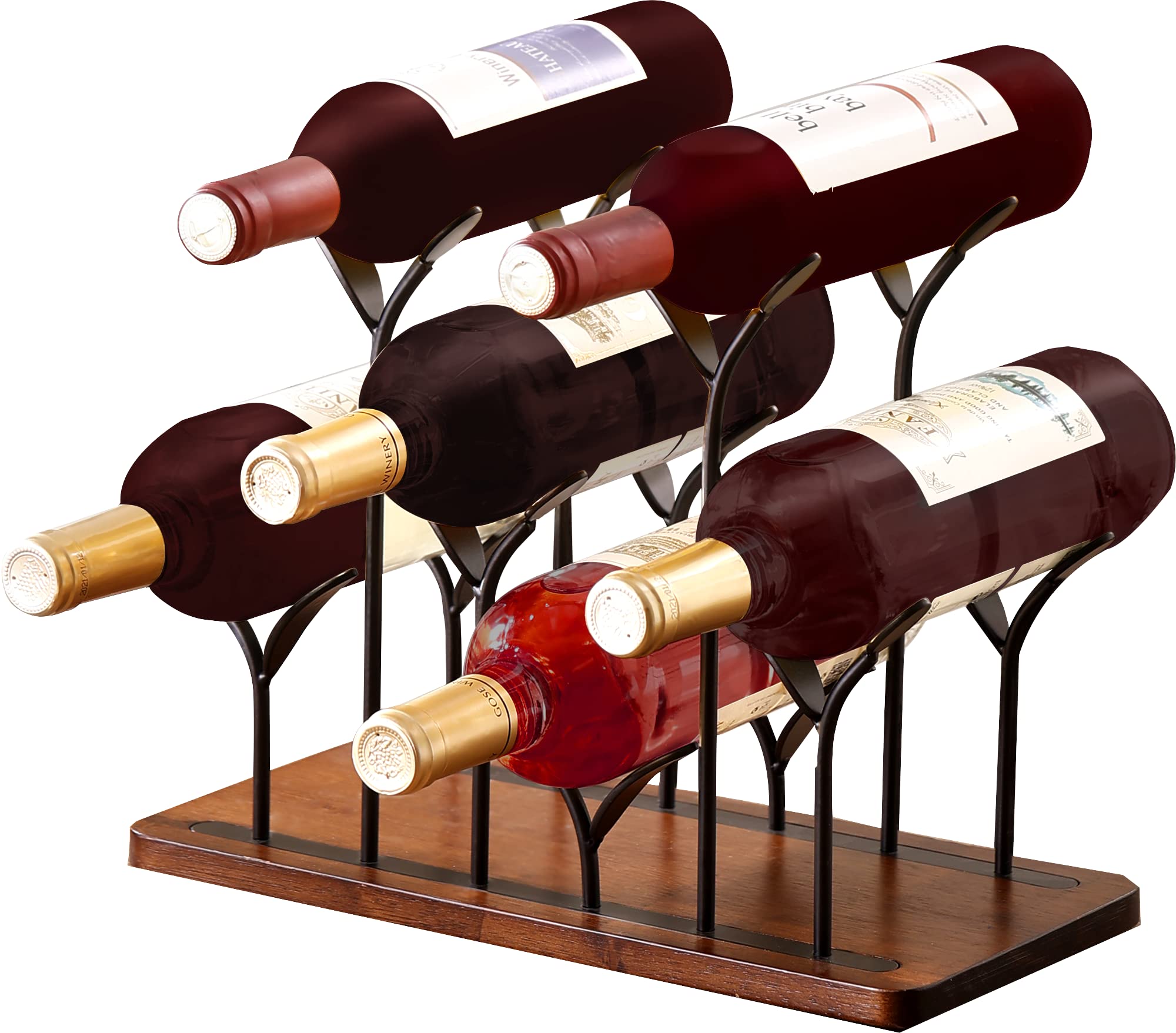 Kovot Tabletop Bottle Rack, 6 Wine Bottle Holder, Dark Brown Wood Base with Black Iron Branches, Countertop Home Decor Kitchen Storage Rack, Bar, Cellar, Cabinet, Pantry