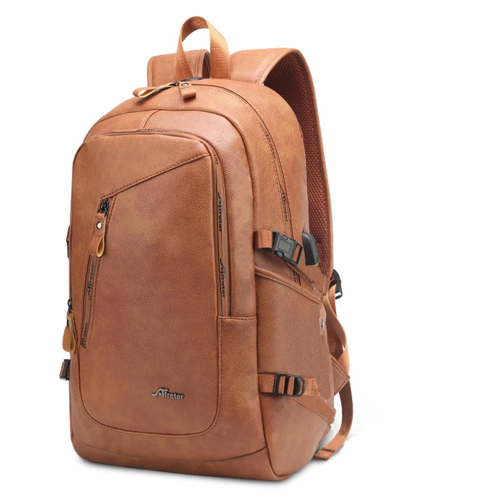 DYJ Vegan Leather Laptop Backpack for Women&Men, Faux Leather Vintage School Students Bookbag Weekend Travel Daypack with USB Charging Port Fit 15.6 Inch Laptops