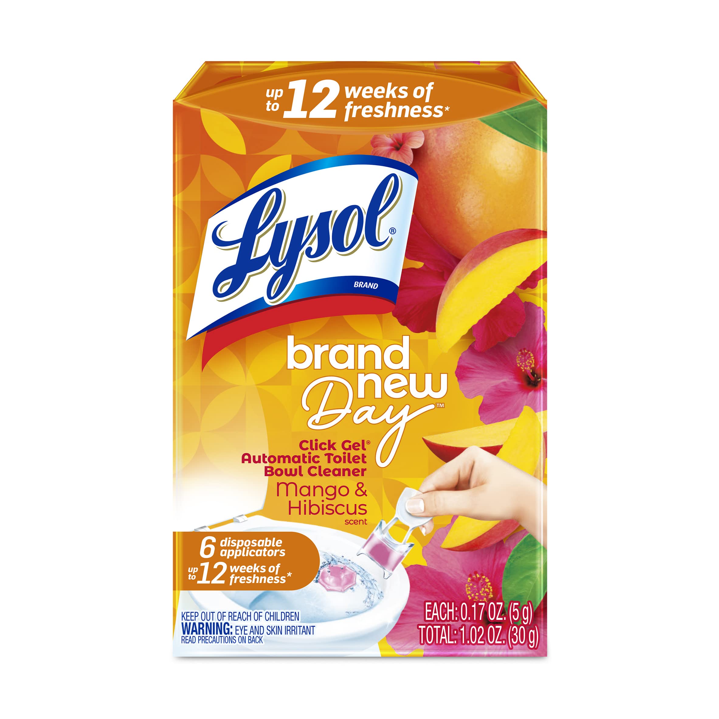Lysol Click Gel Automatic Toilet Bowl Cleaner, Gel Toilet Bowl Cleaner, For Cleaning and Refreshing, Mango & Hibiscus, 6 applicators.