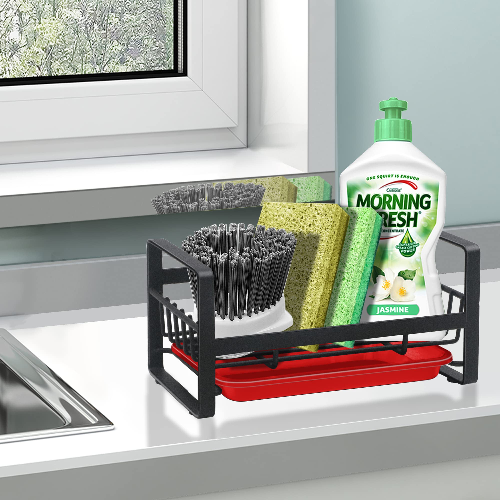 Kitchen Sponge Holder for Sink, Kitchen Sink Caddy Organizer, Sink Tray Drainer Rack, Dish Rags Brush Soap Storage Countertop with Removable Front Drain Pan - Black&Red
