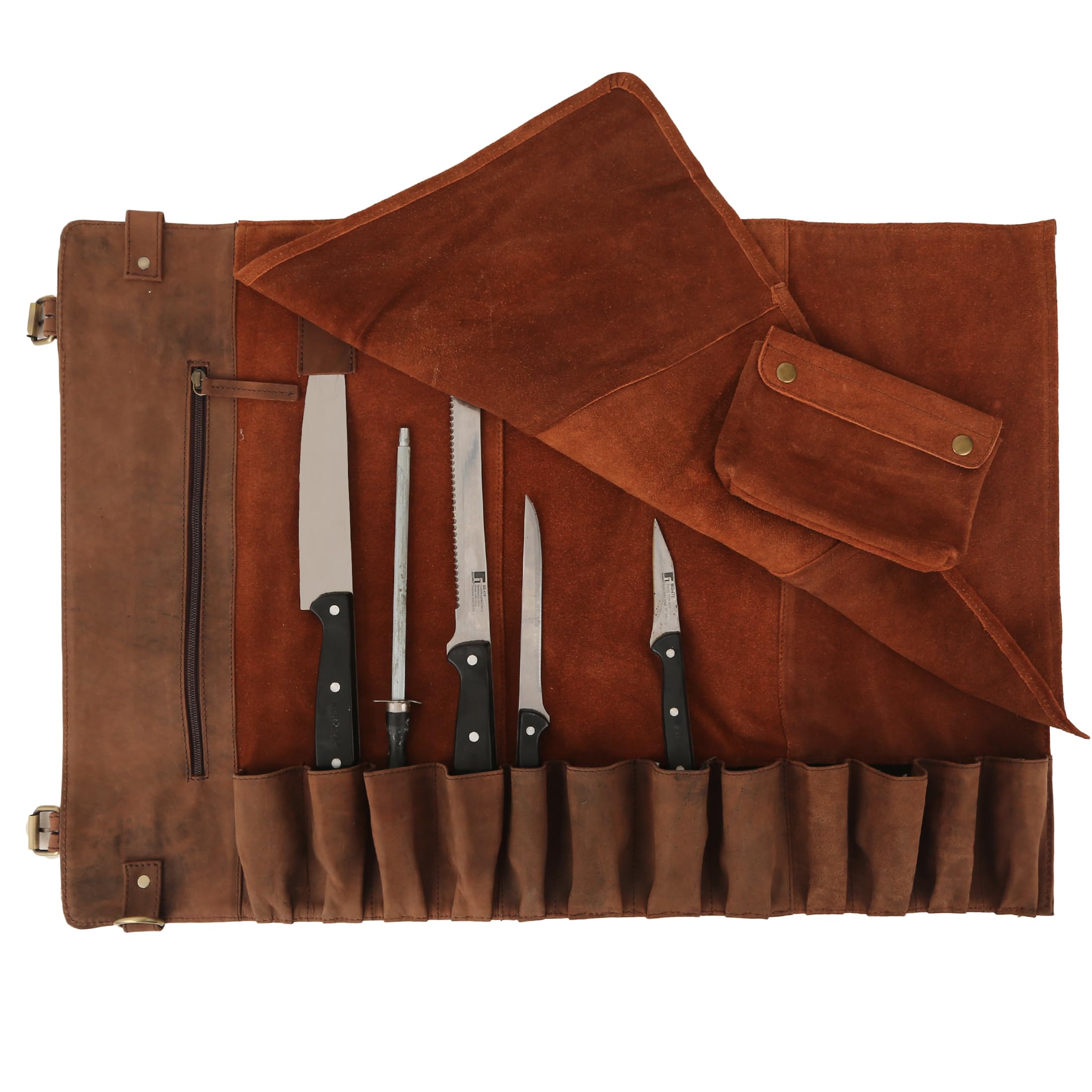 Chef's Knife Roll Case Heavy Duty Holds 12 Knifes Kitchen Storage Cutlery Carrier Zipper For Culinary Tools Easily Carried By Shoulder Straps For Professional Chef's Great Gift (Buff Leather)