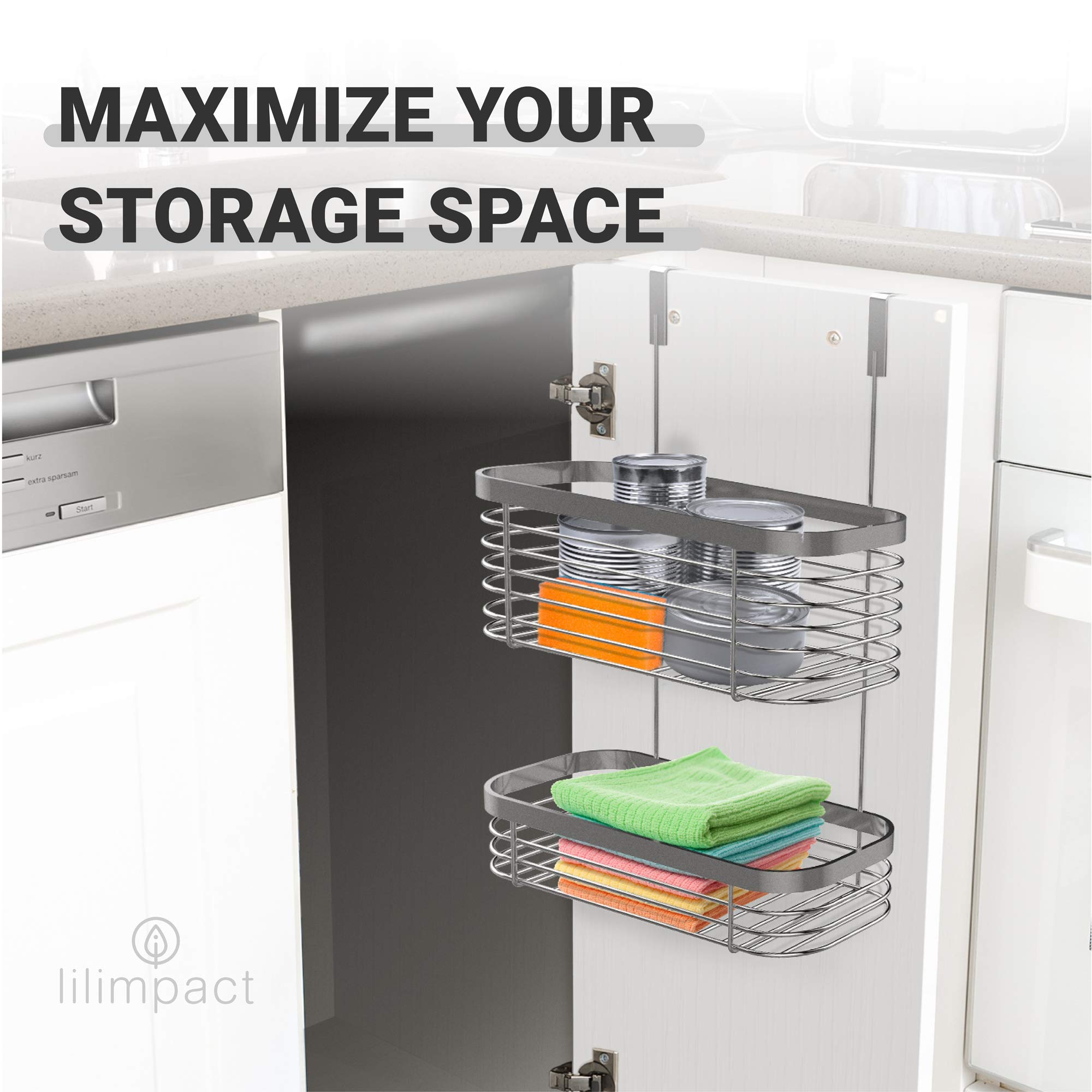 BZ Products Lilimpact Metal Over the Cabinet Kitchen Storage Organizer Basket for Kitchen Pantry- Large, Black (Chrome)
