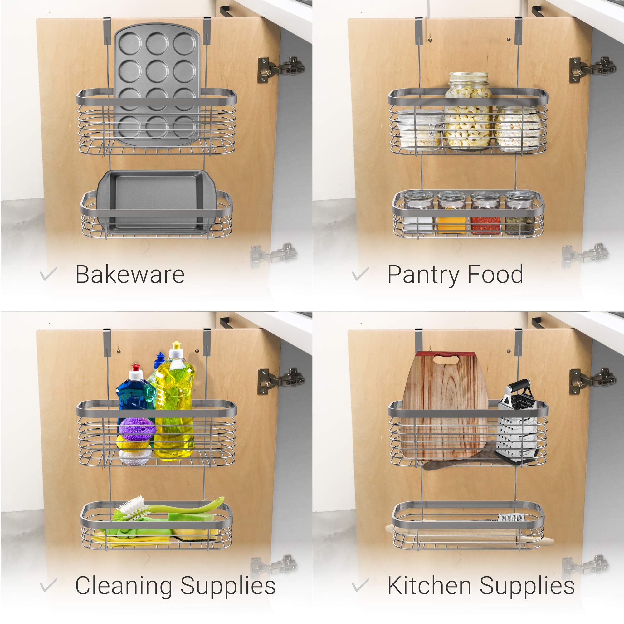 BZ Products Lilimpact Metal Over the Cabinet Kitchen Storage Organizer Basket for Kitchen Pantry- Large, Black (Chrome)