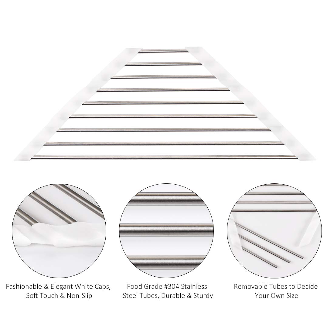 Annaklin Roll Up Dish Drying Rack for Sink Corner, Triangle Heavy Duty Heat Resistant Over The Sink Drying Rack Roll-Up Drainer Mat with White Silicone Grips and Stainless Steel Pipes, 17.5x9.2 inch