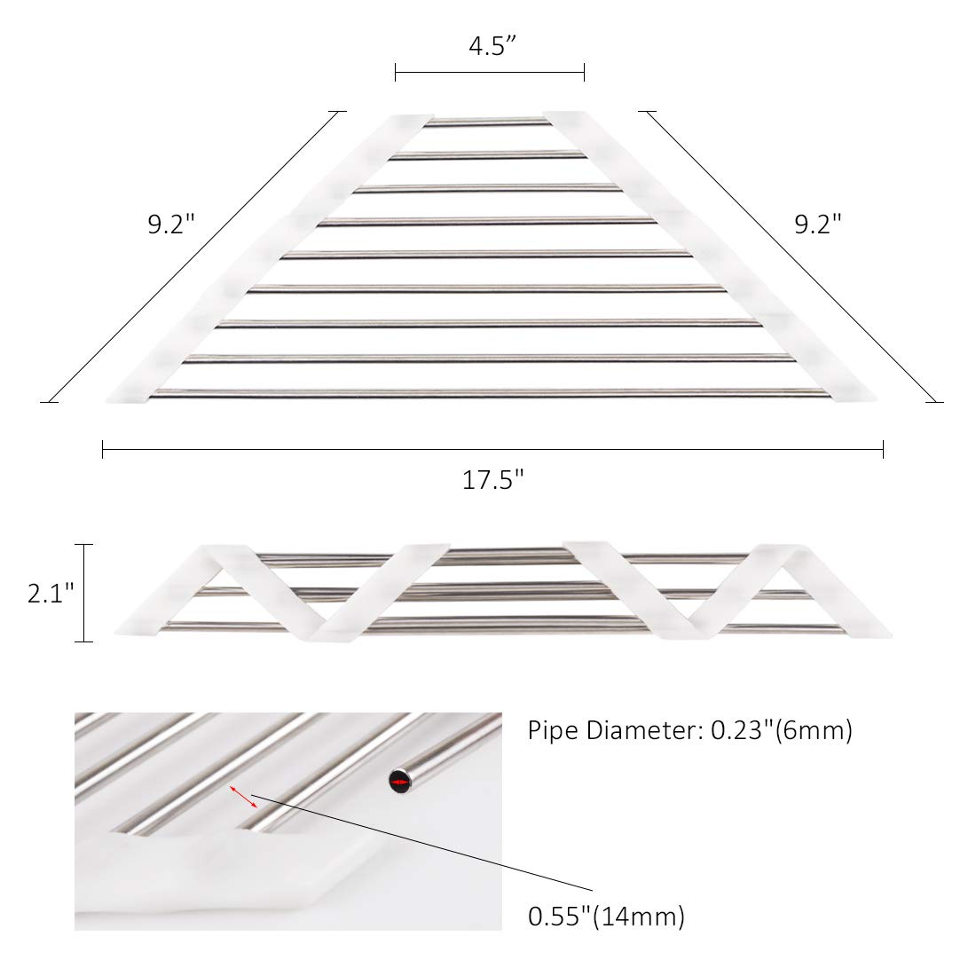 Annaklin Roll Up Dish Drying Rack for Sink Corner, Triangle Heavy Duty Heat Resistant Over The Sink Drying Rack Roll-Up Drainer Mat with White Silicone Grips and Stainless Steel Pipes, 17.5x9.2 inch
