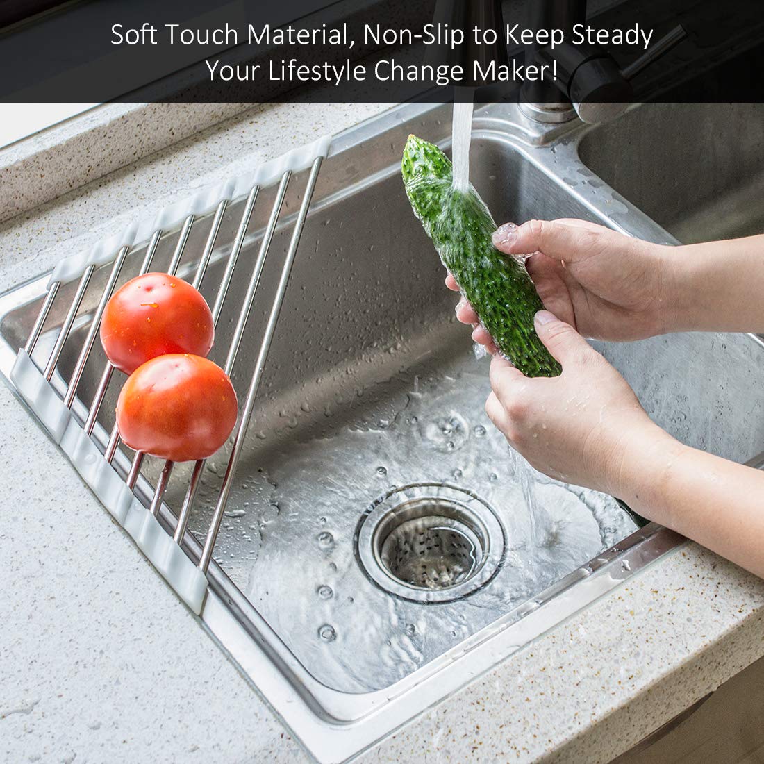 Annaklin Roll Up Dish Drying Rack for Sink Corner, Triangle Heavy Duty Heat Resistant Over The Sink Drying Rack Roll-Up Drainer Mat with White Silicone Grips and Stainless Steel Pipes, 17.5x9.2 inch