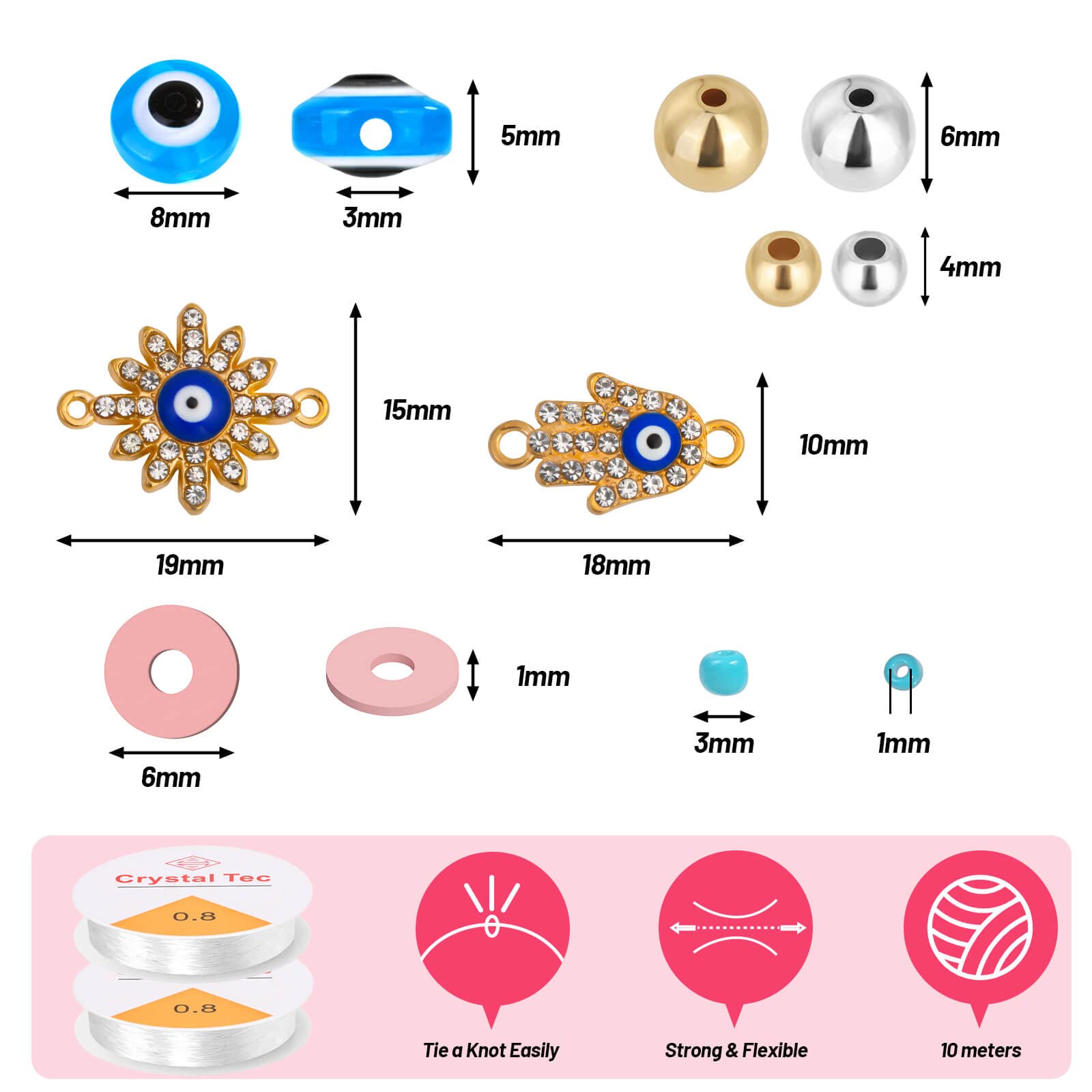 Evil Eye Bracelet Making Kit, Acejoz Bracelet Making Kit with Evil Eye Beads, Evil Eye Charms, Clay Beads, Gold Beads, Glass Seed Beads and Elastic String for Bracelets
