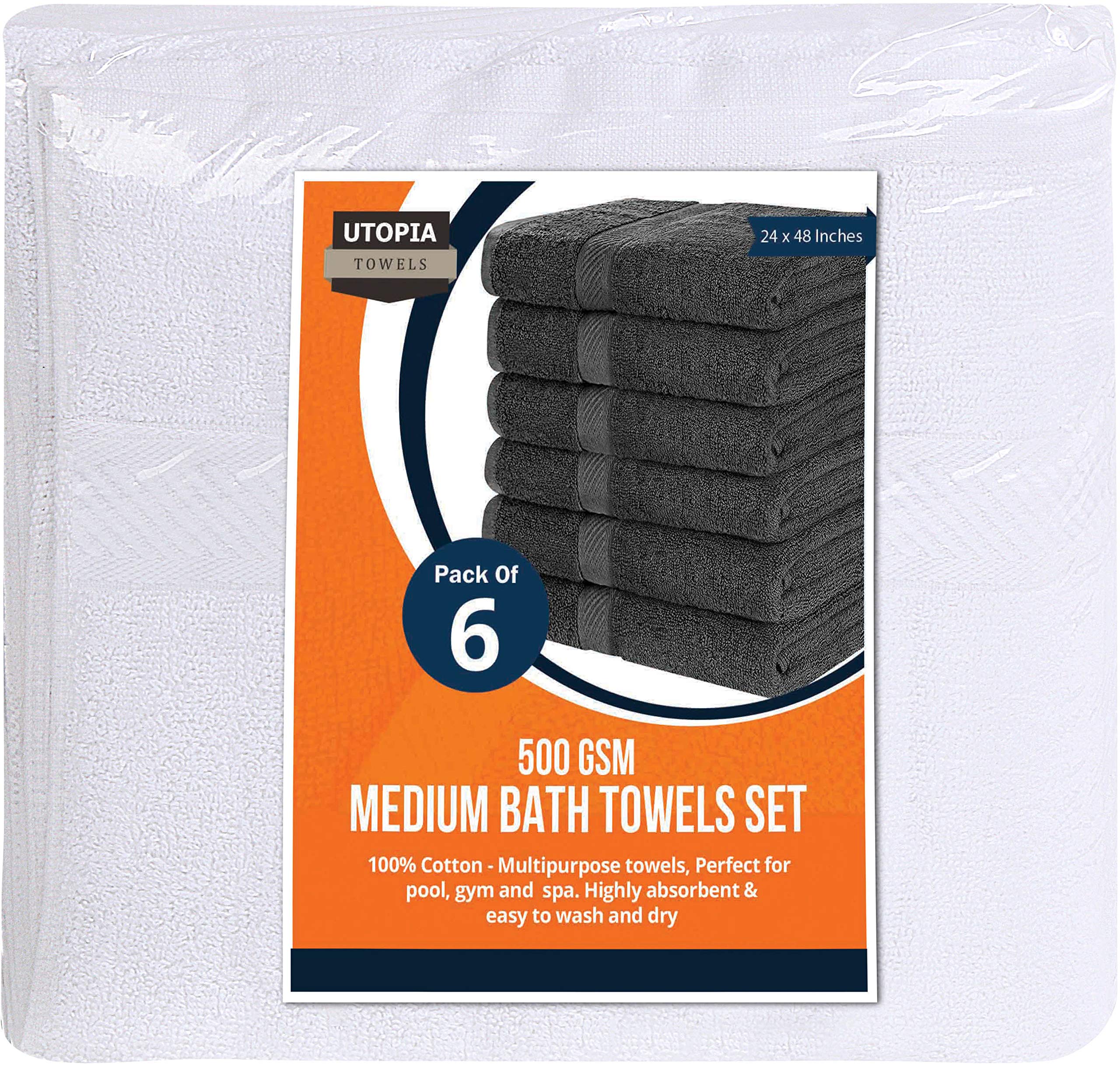 Utopia Towels 6 Pack Bath Towel Set, 100% Ring Spun Cotton (24 x 48 Inches) Medium Lightweight and Highly Absorbent Quick Drying Towels, Premium Towels for Hotel, Spa and Bathroom (White)